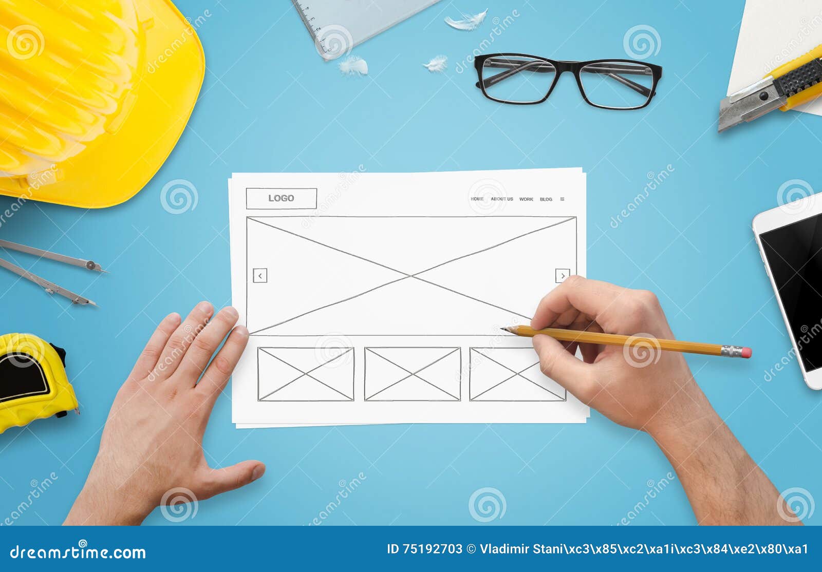 Sketching New Website Design. Modern Flat Design on Paper Stock Image ...