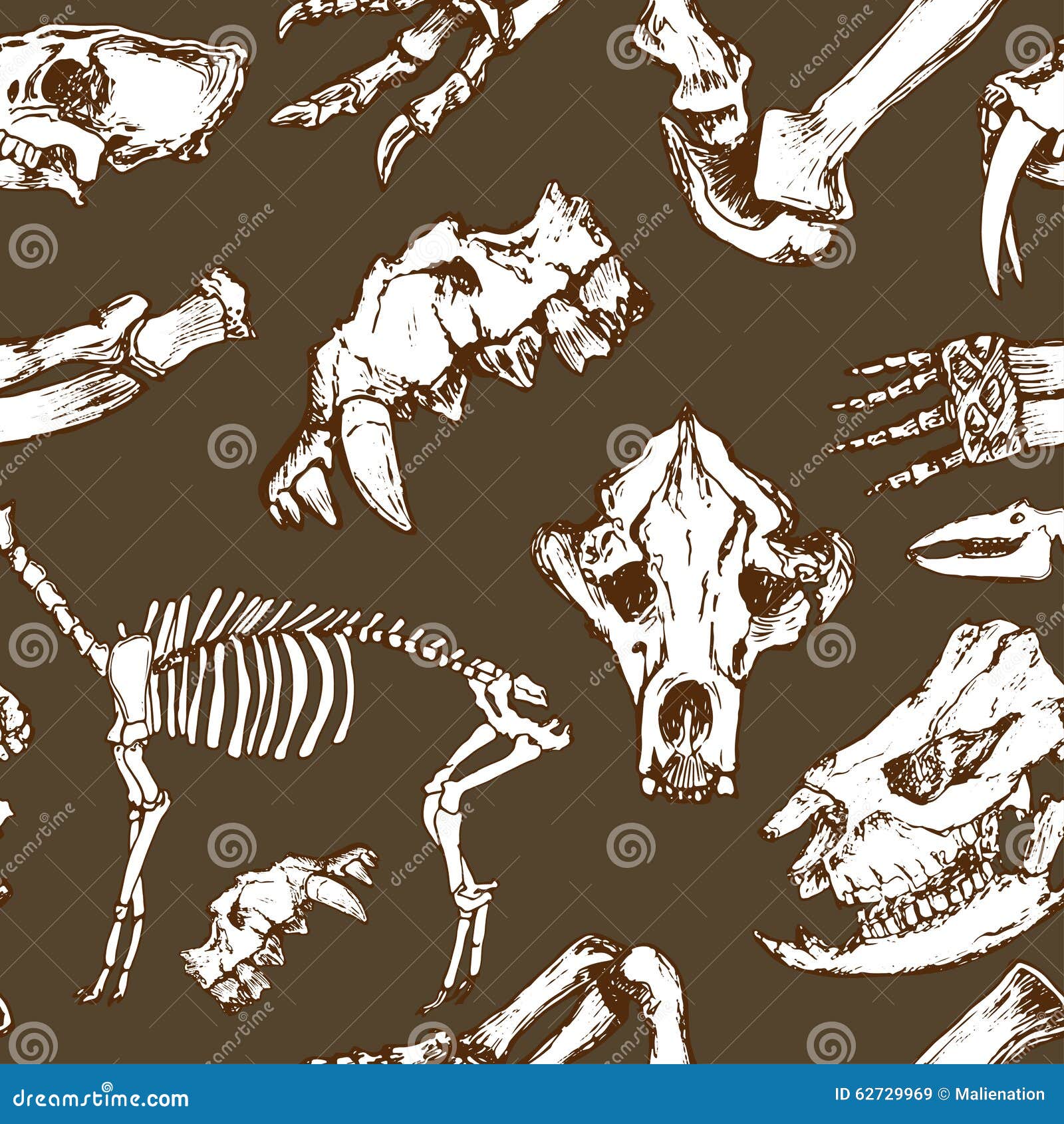Sketchy Prehistorical Animals Pattern. Archeology Excavations, Skeleton ...