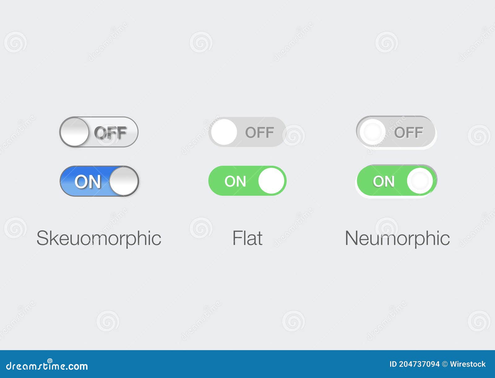 Skeuomorphic, Flat and Neumorphic Design Examples Stock Illustration ...