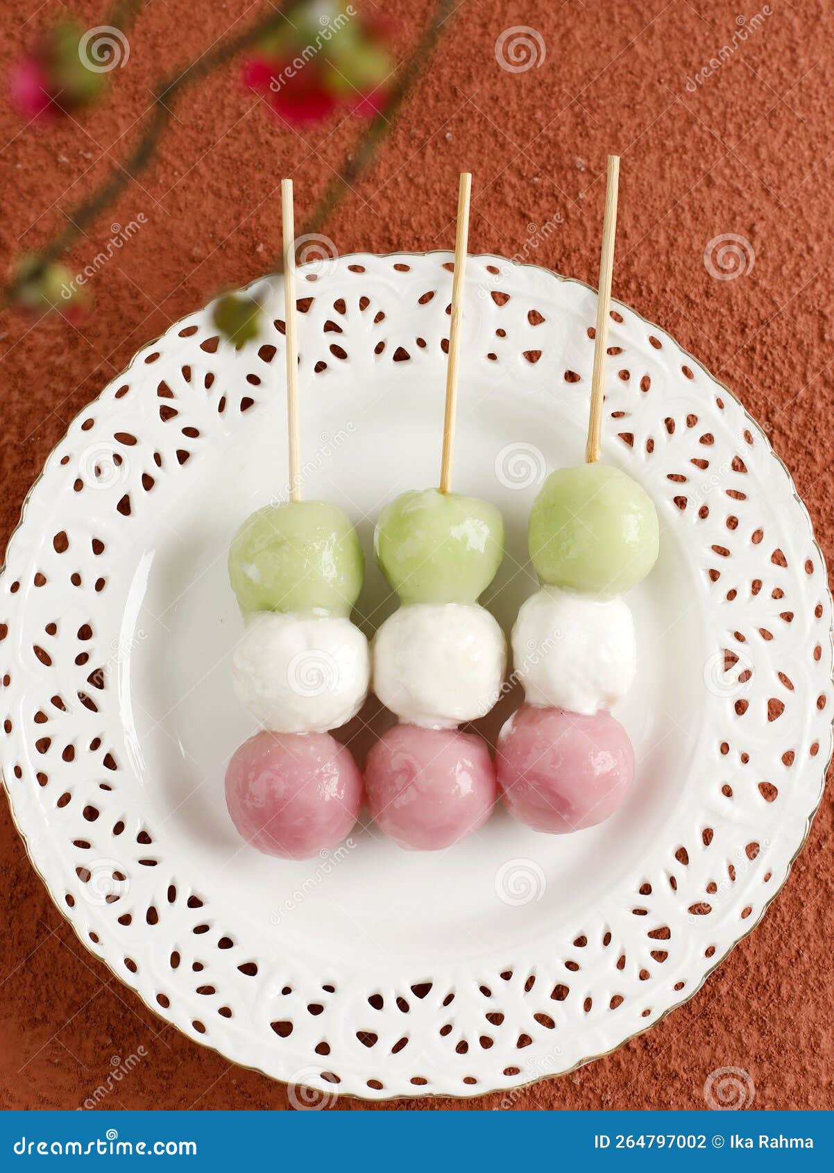 Skewered Sanshoku Dango on White Plate Stock Photo - Image of food ...
