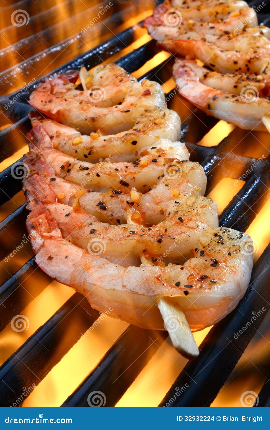 Skewered Shrimp Grilling Over Open Flame Stock Photo - Image of seafood ...
