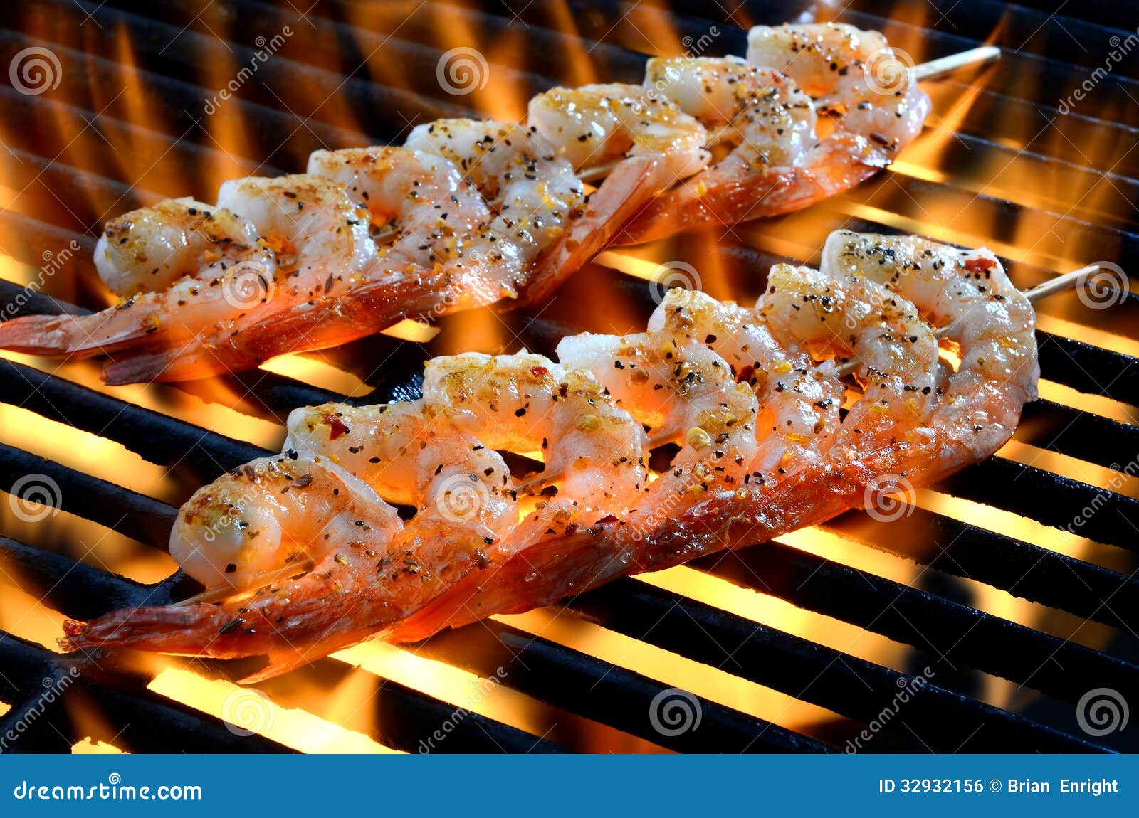 Skewered Shrimp Grilling Over Open Flame Stock Photo - Image of ...