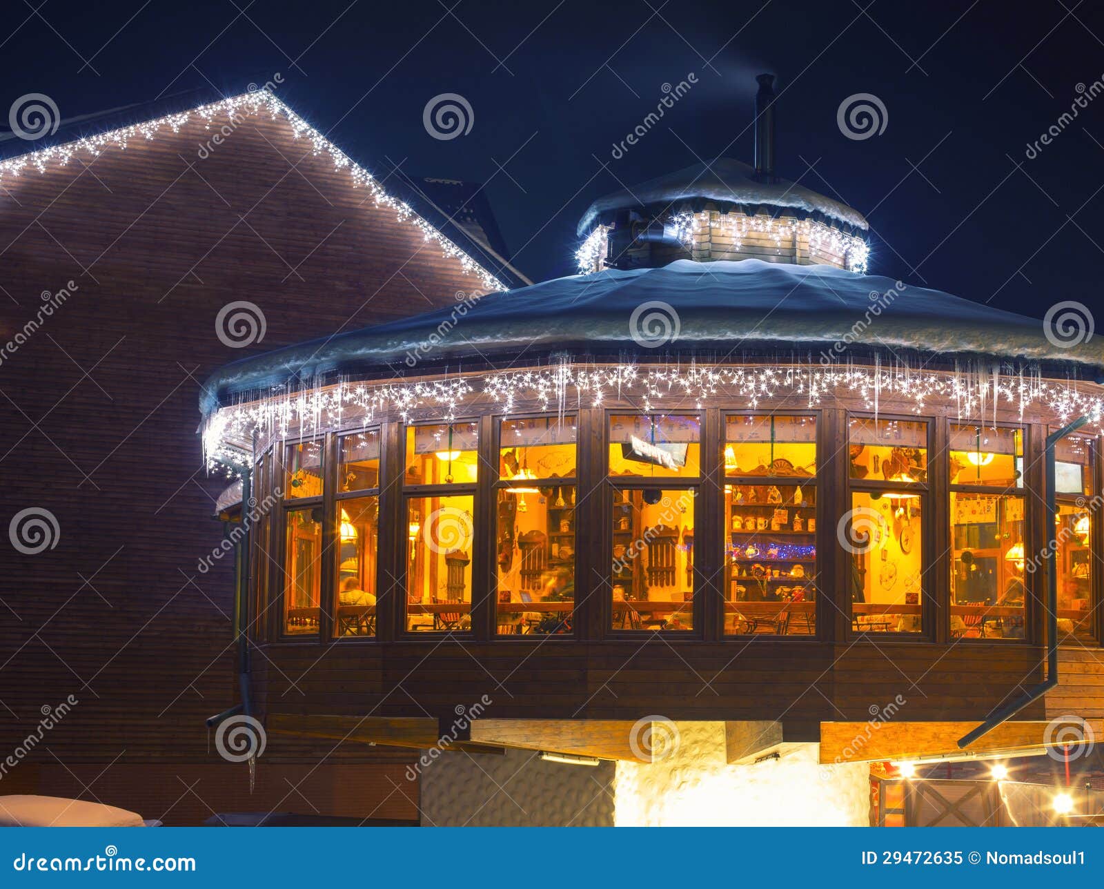 Ski cafe at night stock image. Image of logs, lodge, rural - 29472635