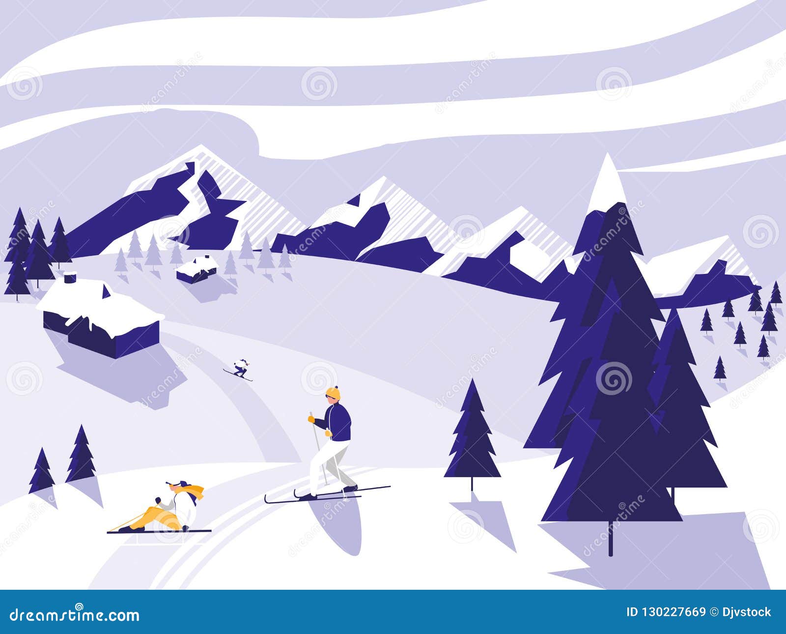 Ski camp snowscape scene stock vector. Illustration of cabins - 130227669
