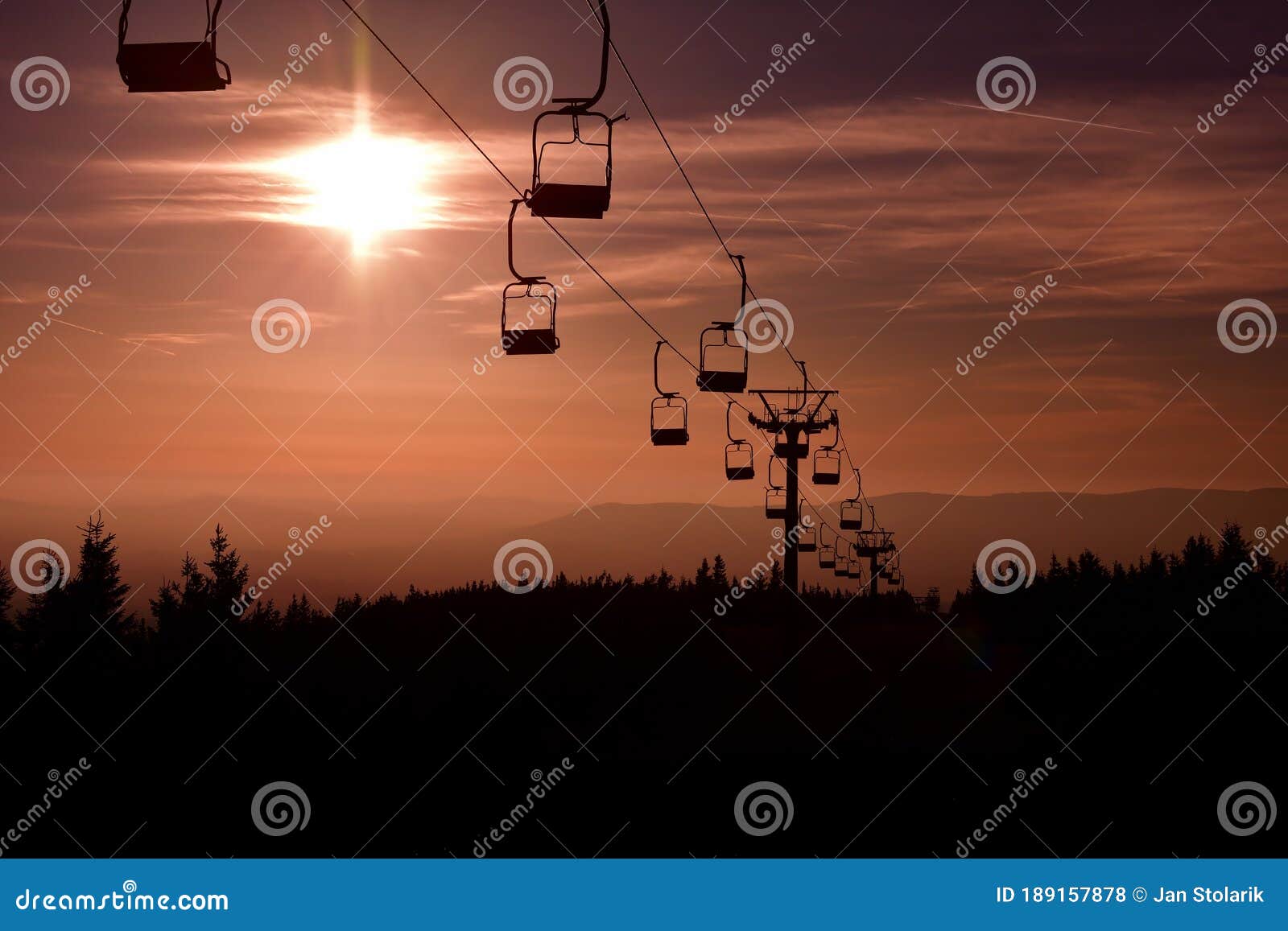 Ski Chair Lift in the Mountains at Red Sunset Stock Photo - Image of ...