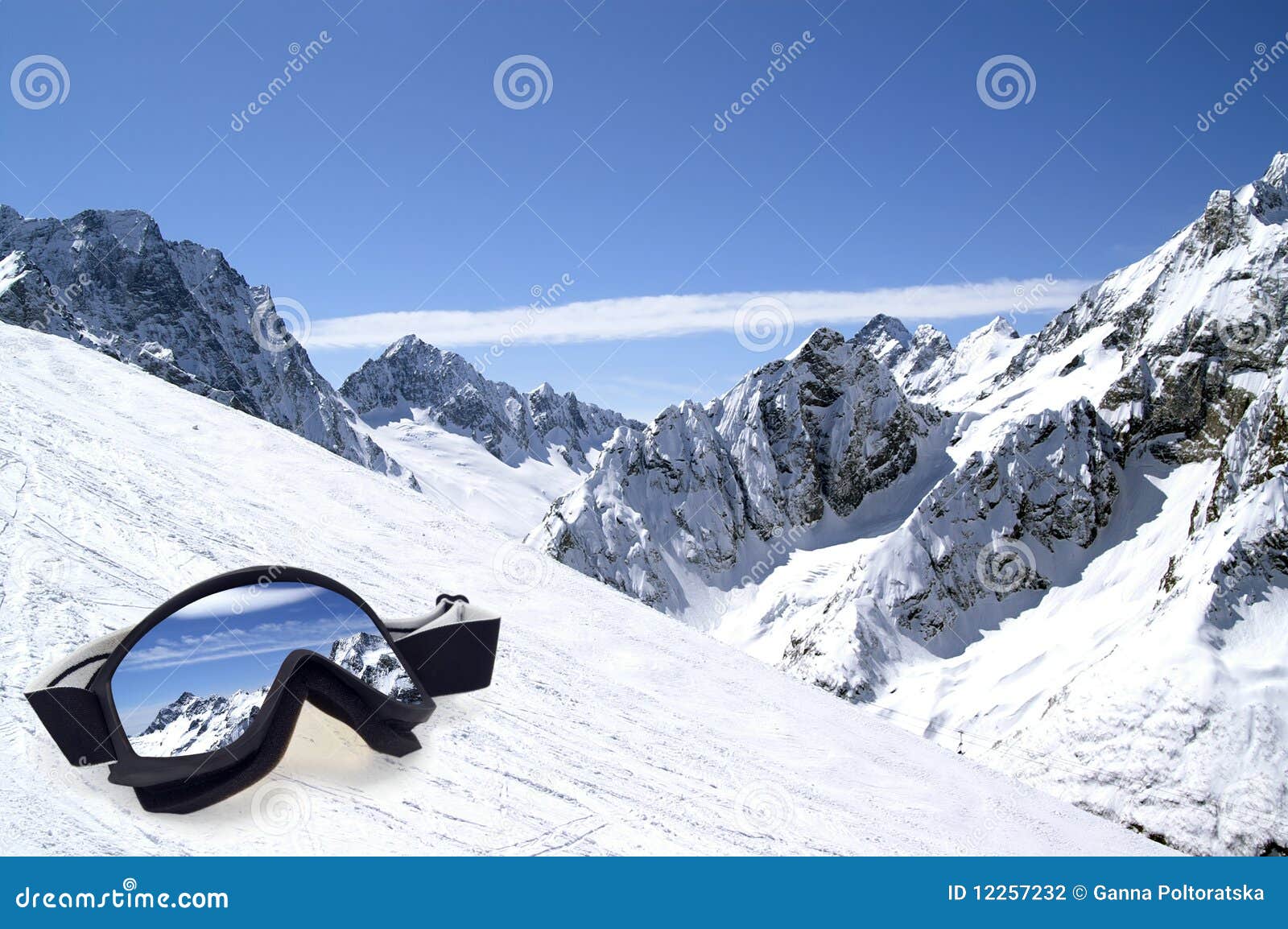 Ski Goggles with Reflection of Mountains Stock Photo - Image of face ...