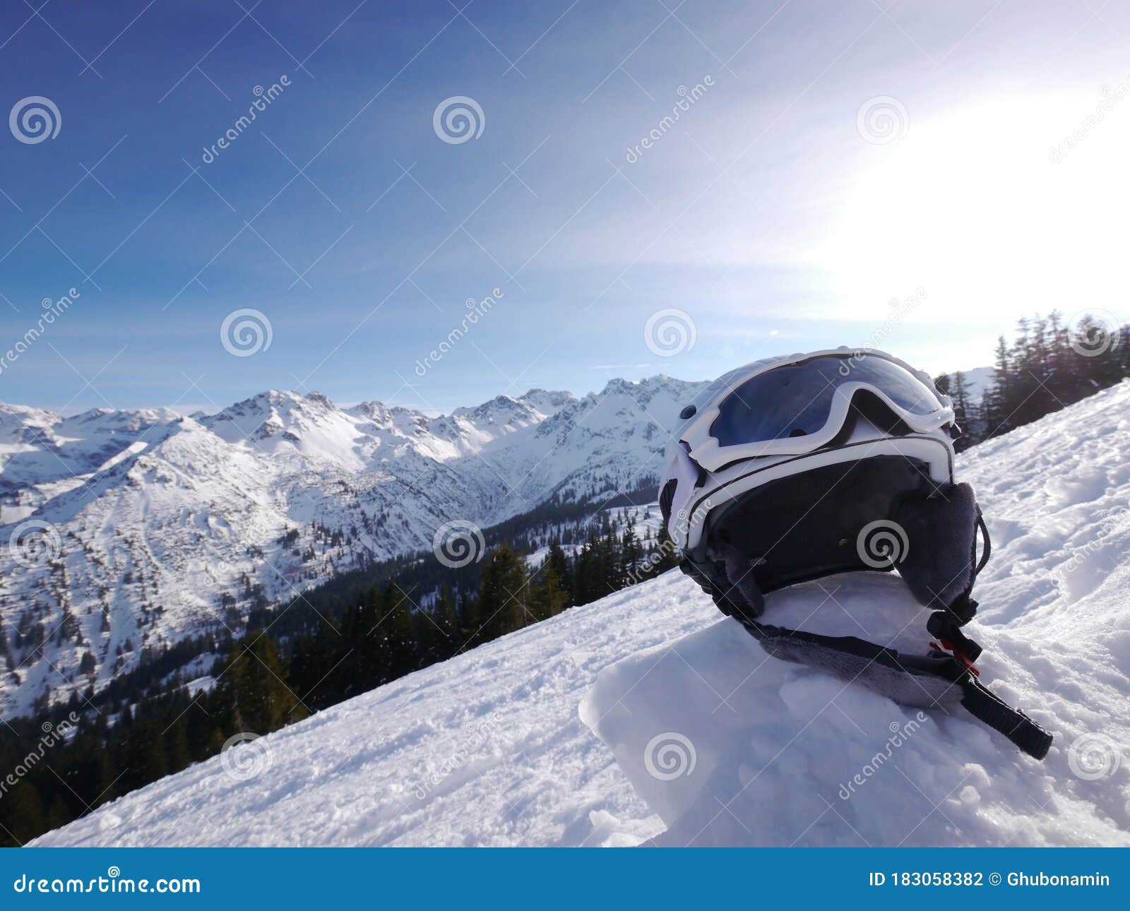 Ski helmet standing snow stock photo. Image of blue - 183058382