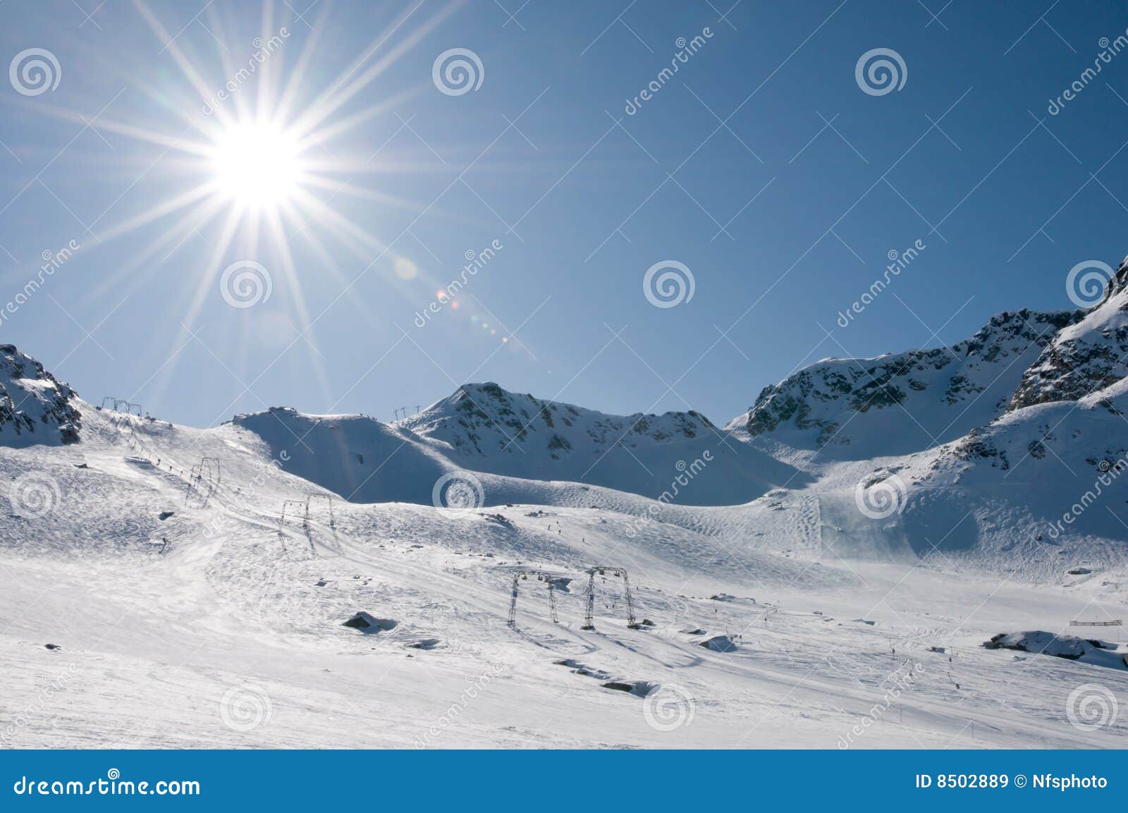 Ski Lift at High Altitude Resort, Sun with Flare Stock Image - Image of ...