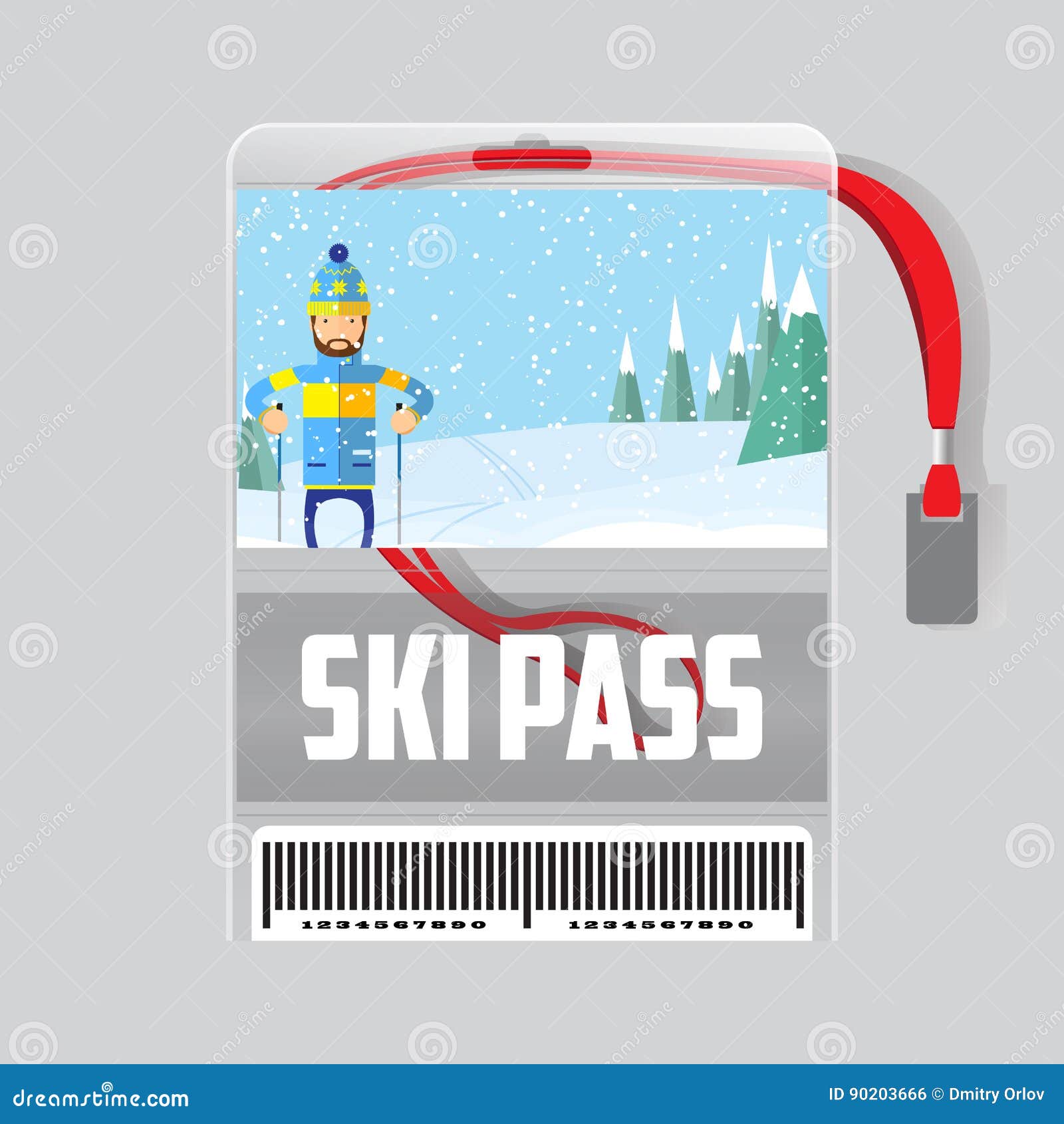 Ski Pass Template with Barcode in Plastic Holder with Red Ribbon. Stock ...