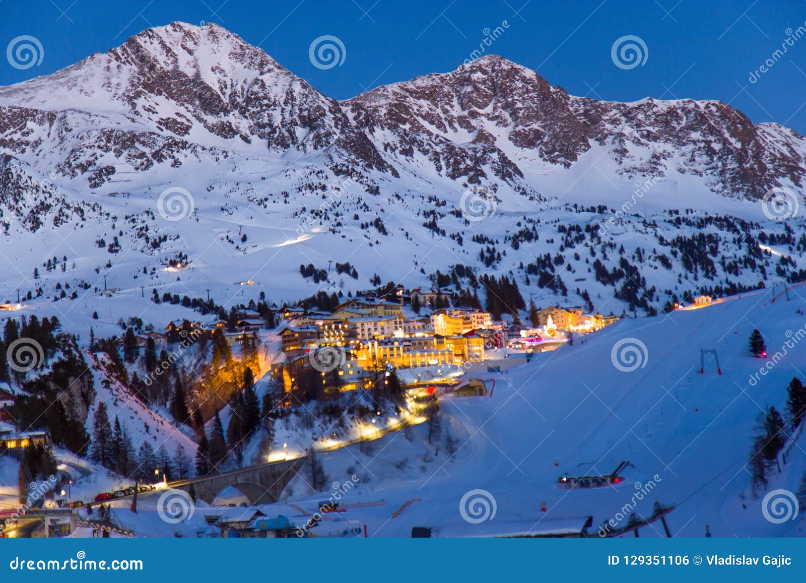 Ski Resort in Austrian Alps by Night Stock Photo - Image of roof ...