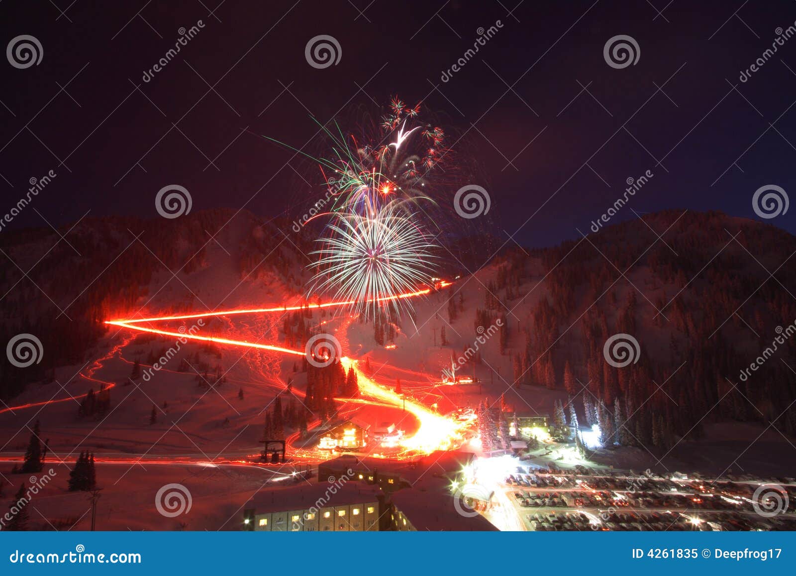 Ski Resort Fireworks stock image. Image of village, blast - 4261835
