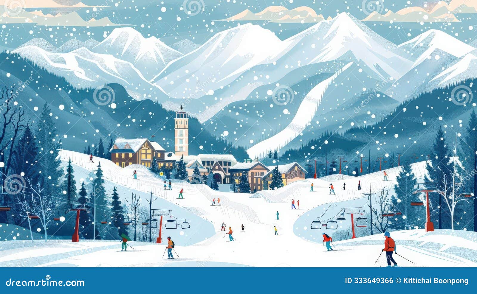 Ski Resort, People Skiing and Snowboarding, Flat Design Illustration ...