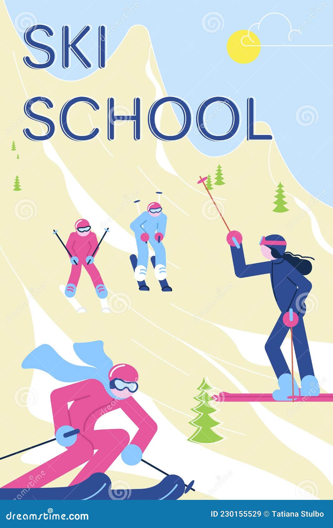 Ski Schoolbanner with Group of Student Skiers with Instructor. Stock ...