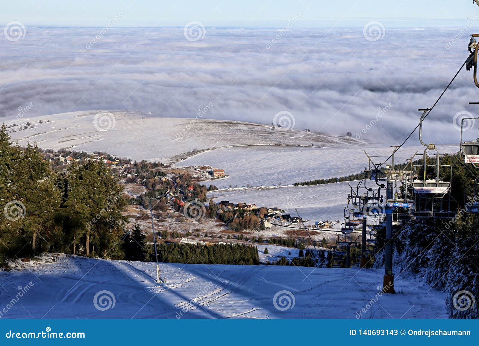 Ski Slope from the Top with Hills and Cloud Covered Panorama Stock ...