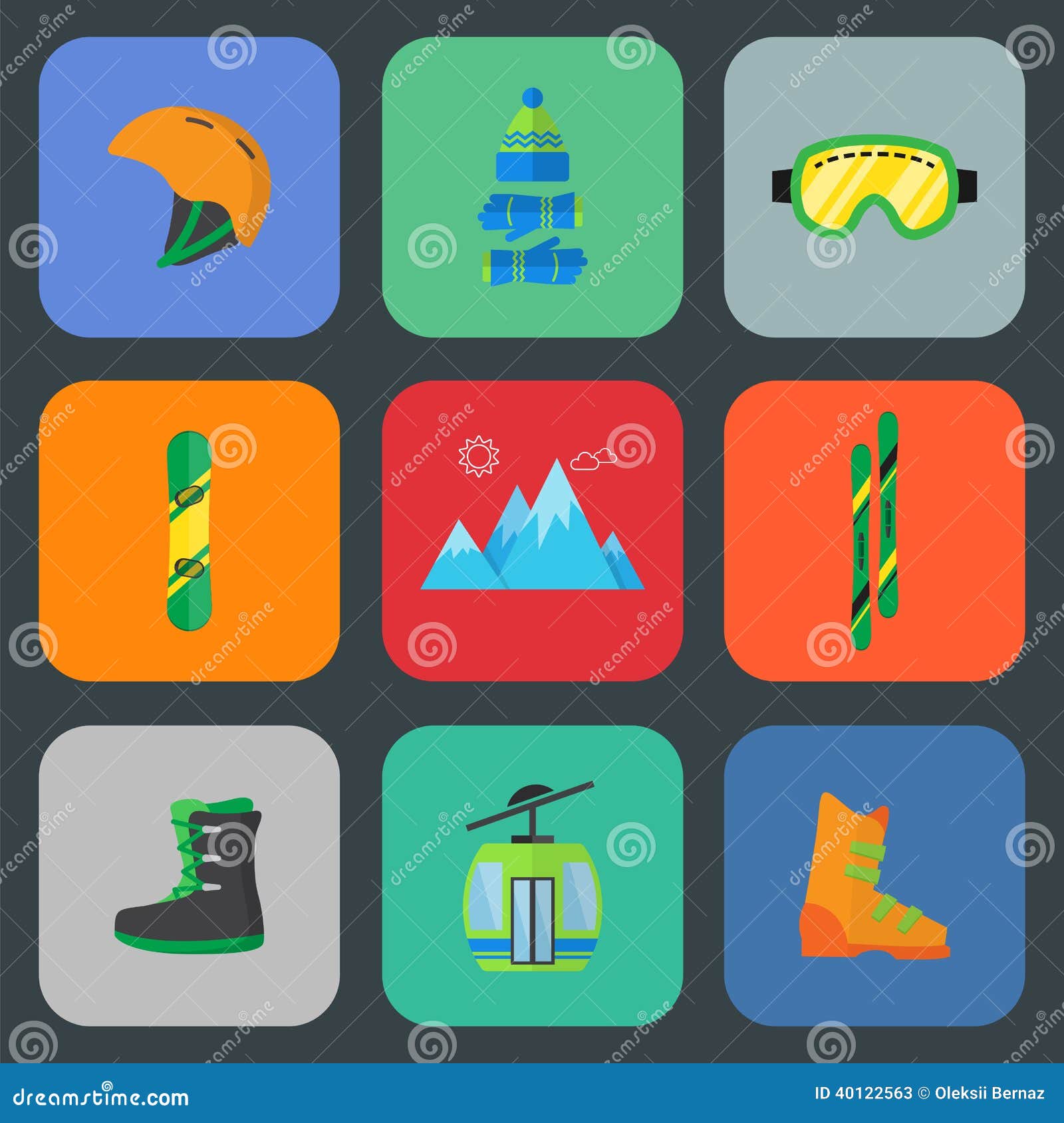 Ski and Snowboard Flat Icon Set Stock Vector - Illustration of activity ...