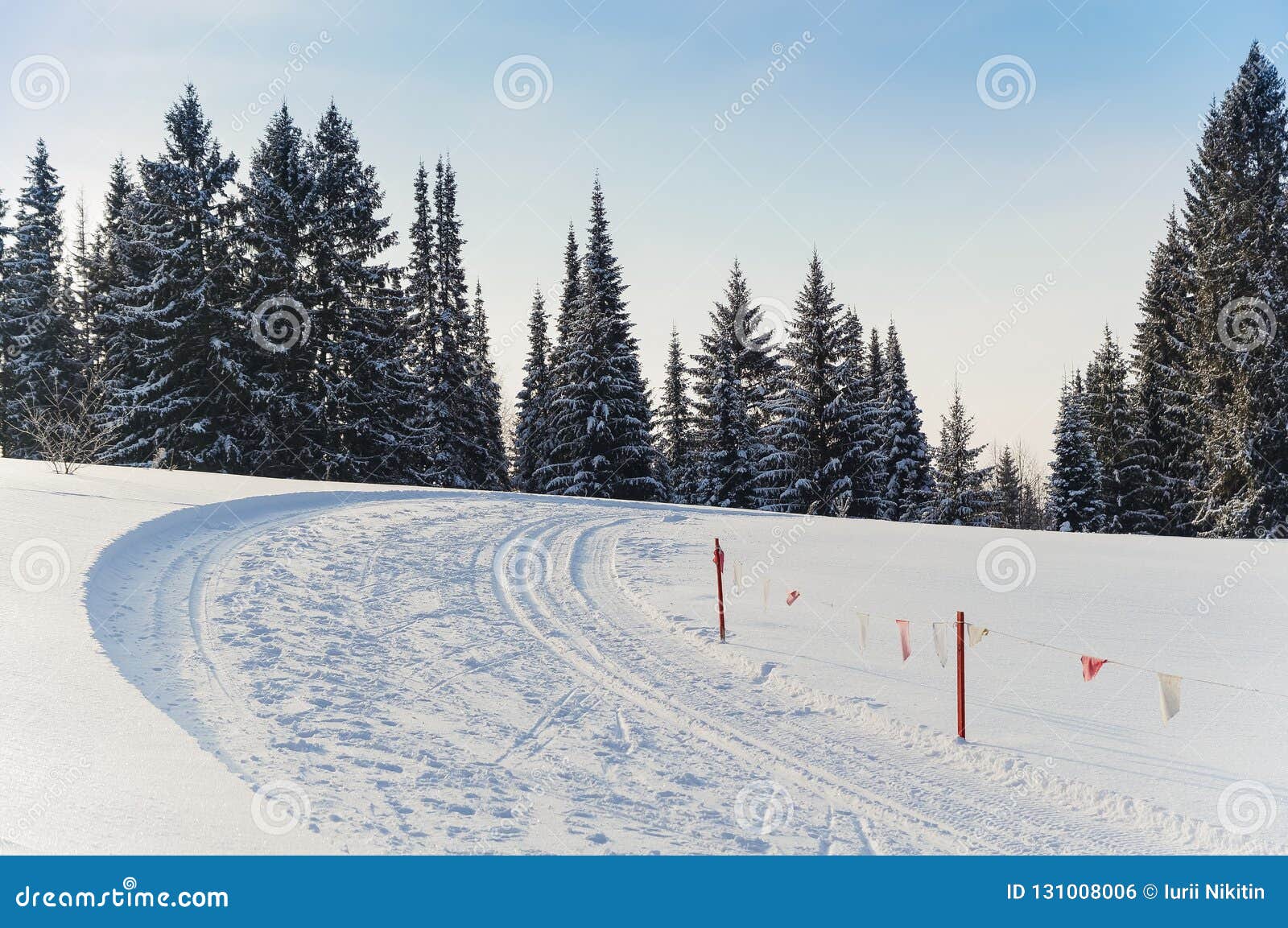 Ski Track. Turn with Flags in the Winter Forest. Stock Photo - Image of ...