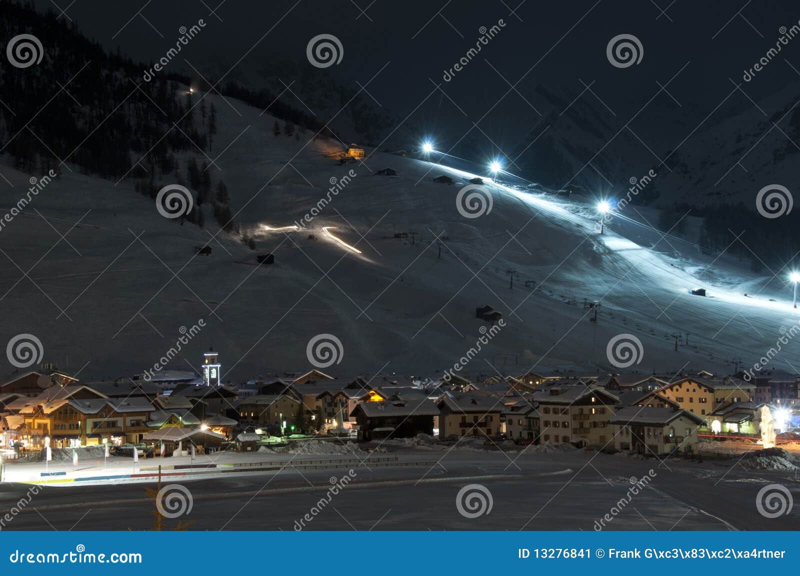 Ski village night scenario stock image. Image of chalet - 13276841