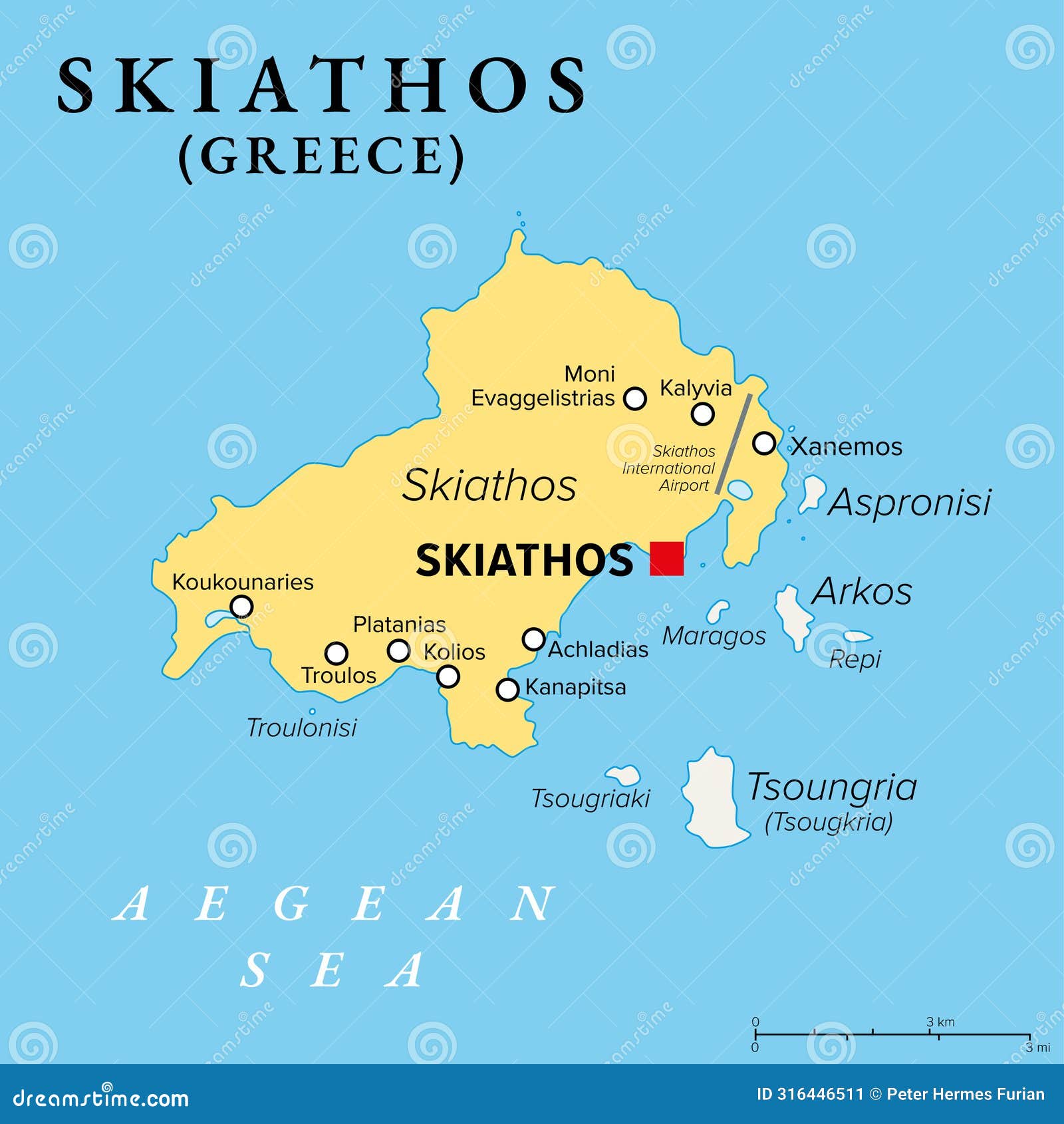 Skiathos, Small Greek Island In The Aegean Sea, Political Map Cartoon ...