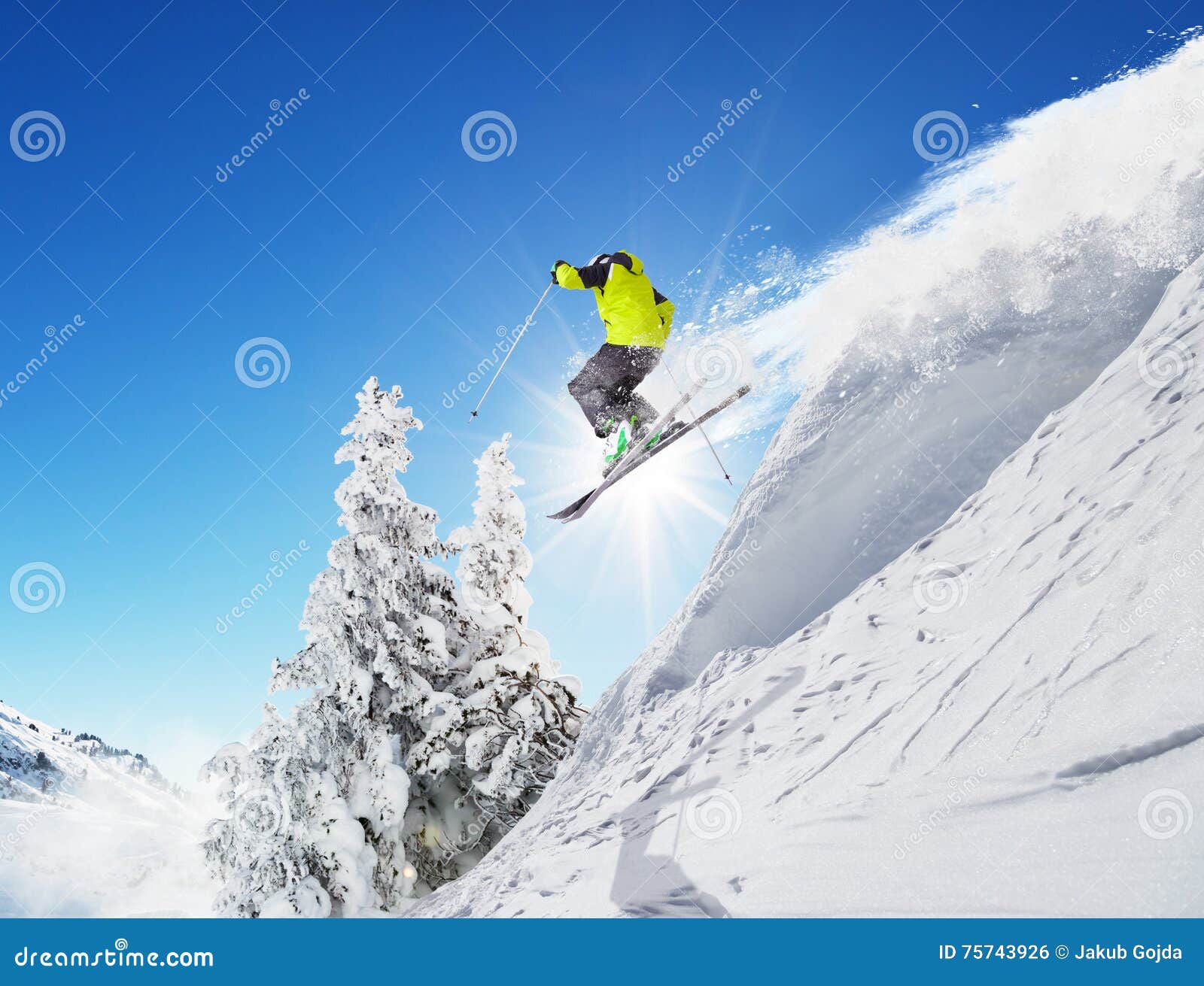 Skier at Jump in Alpine Mountains Stock Photo - Image of blue, skiing ...