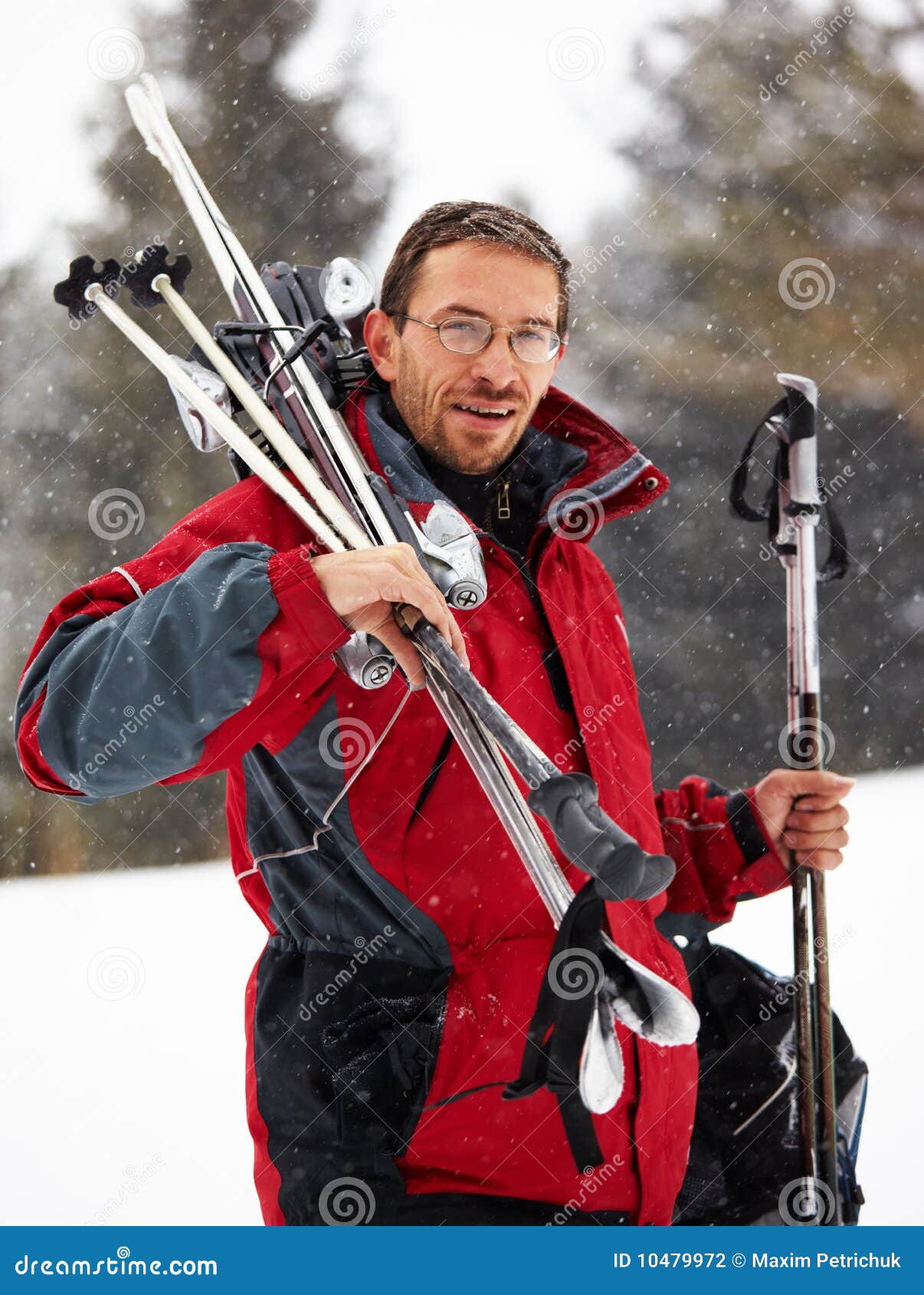 Skier Portrait and Snowfall Stock Photo - Image of winter, tourist ...