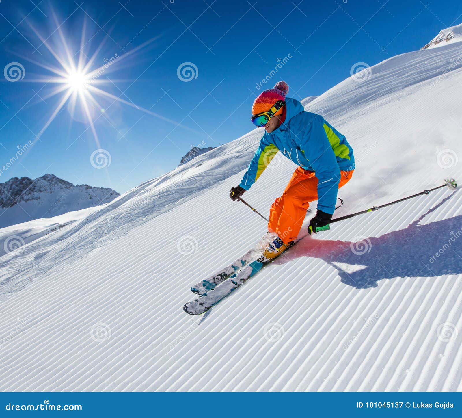 Skier Skiing Downhill in High Mountains Stock Image - Image of energy ...