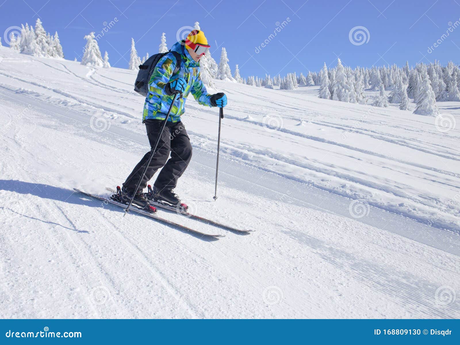 Skier Skiing Downhill on Ski Slope Stock Photo - Image of snow, white ...