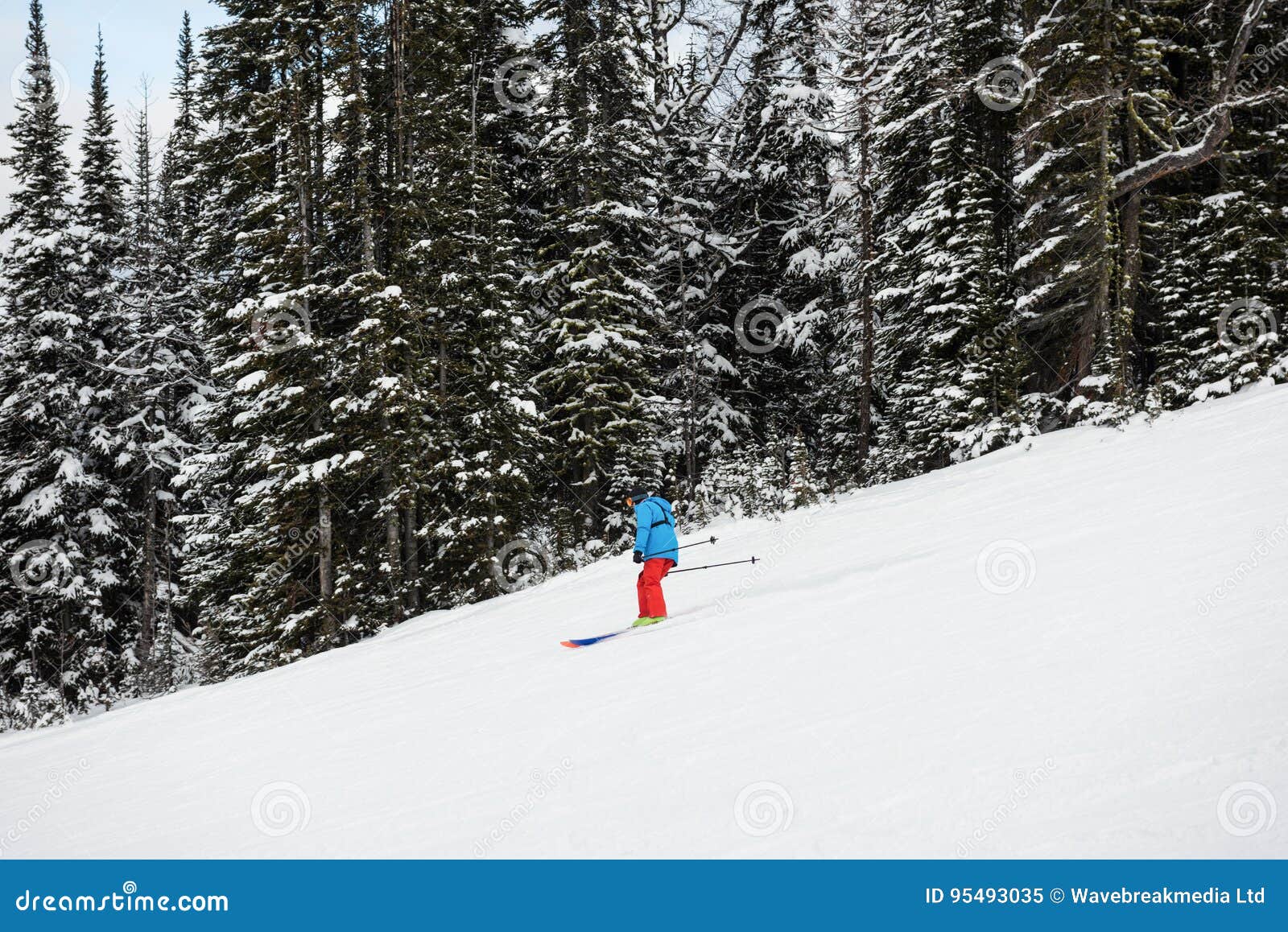 Skier Skiing on Snow Covered Mountain Slope Stock Image - Image of ...