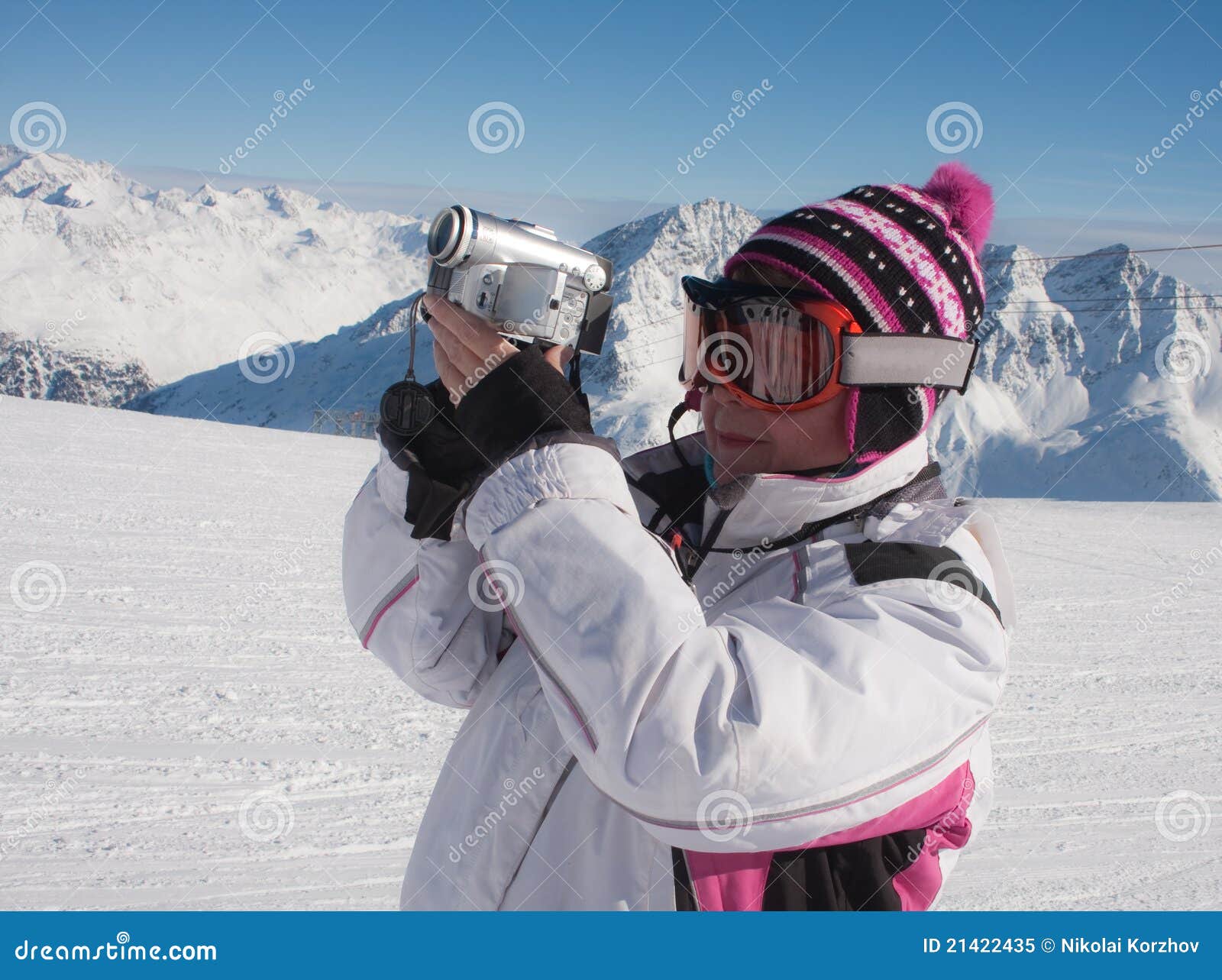 Skier in Snowy Mountain with a Camera Stock Image - Image of holiday ...