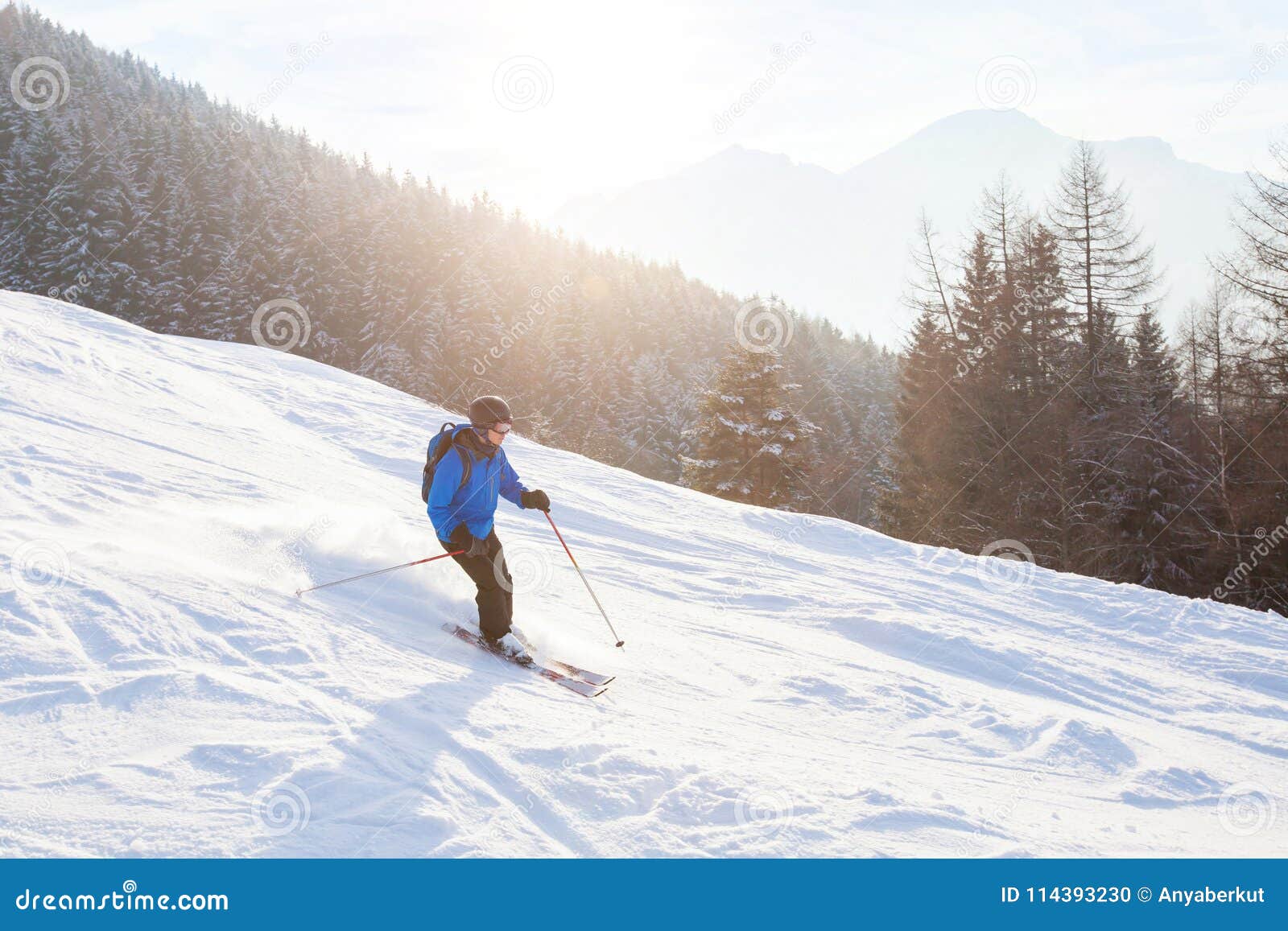 Skier in Sunset Mountains, Downhill Skiing Stock Photo - Image of ...