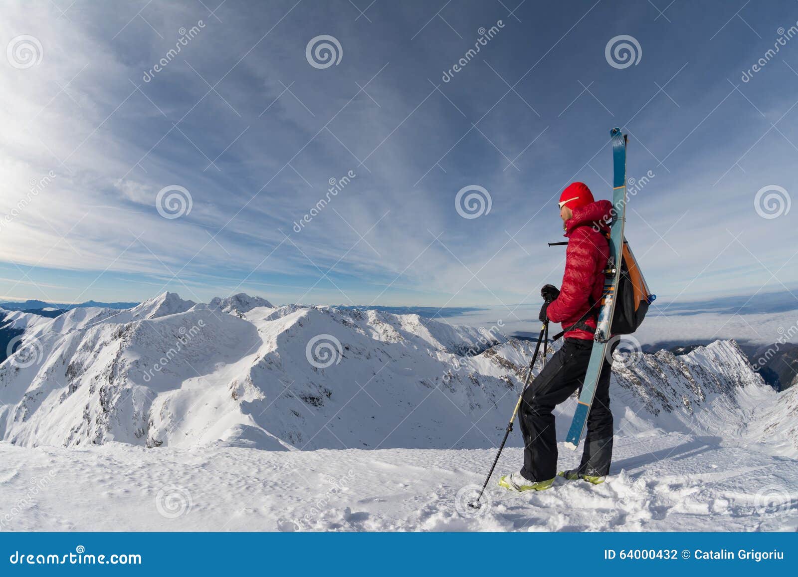 Skier on Top of the Mountain Stock Photo - Image of mountain, dangerous ...