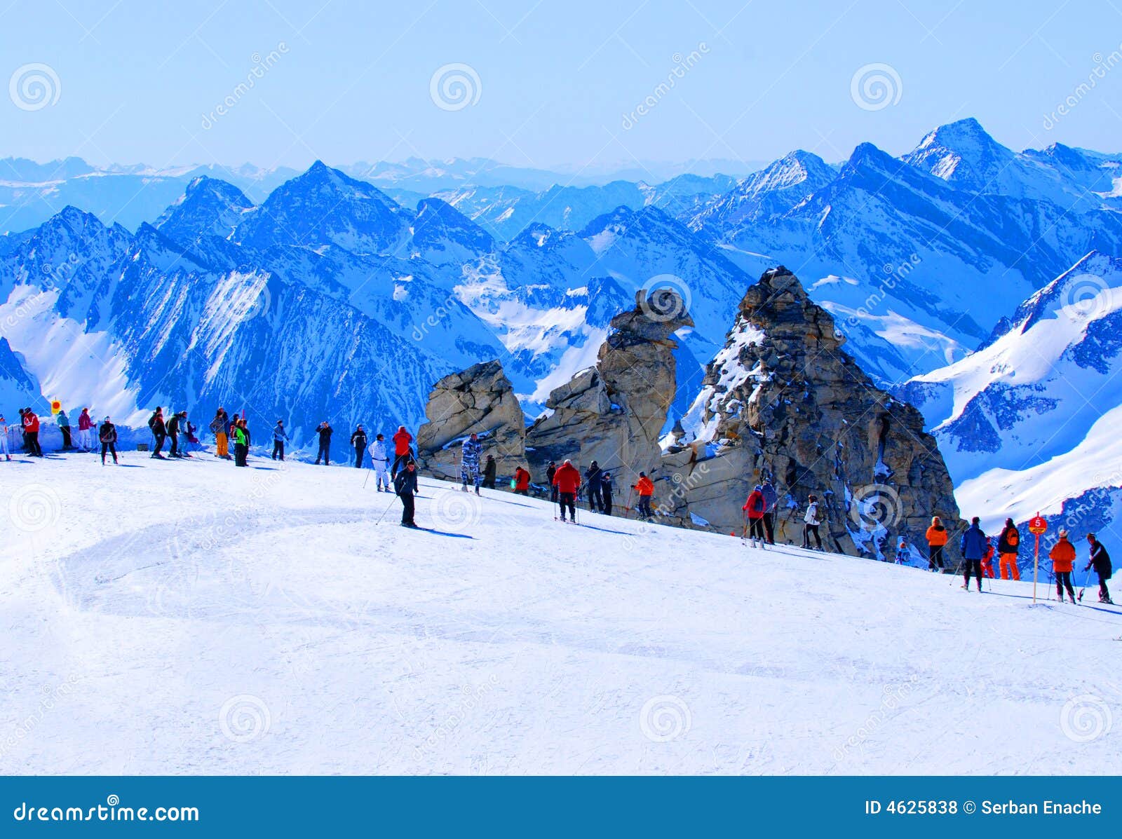 Skiers on High Mountain Slope Stock Photo - Image of open, cold: 4625838