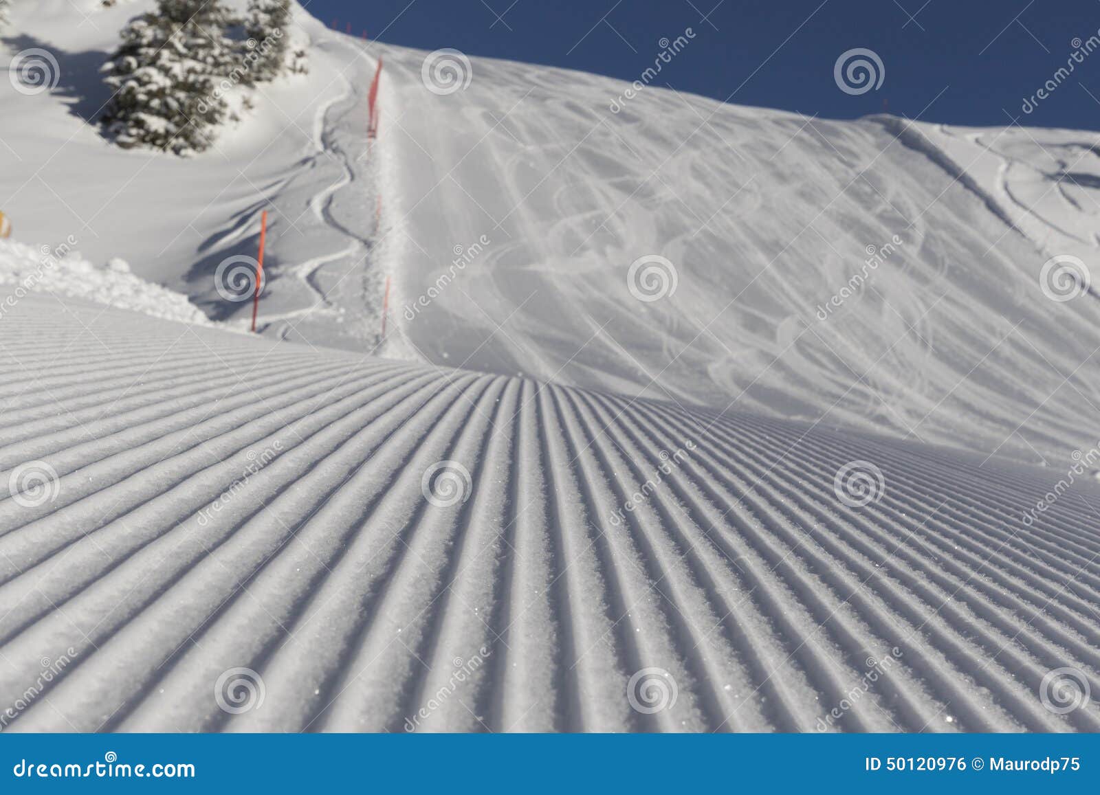 Skiing Background - Fresh Snow on Ski Slope Stock Photo - Image of ...