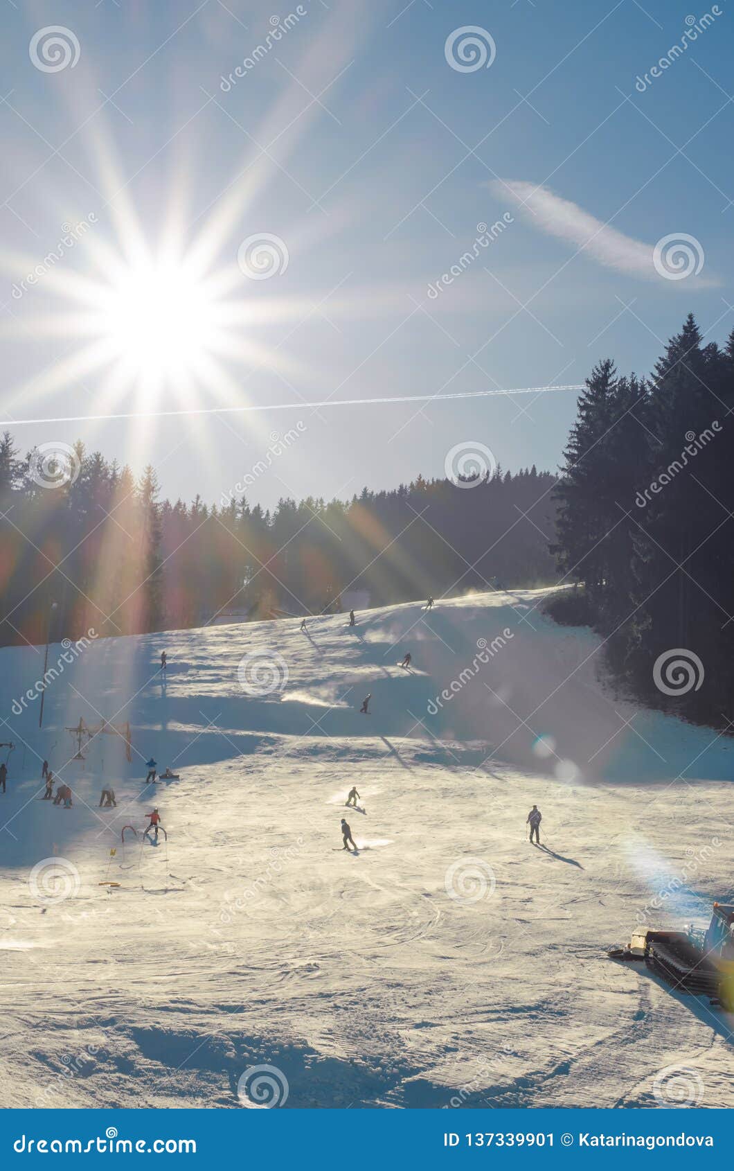 Skiing in Romantic Sunny Day Stock Image - Image of resort, speed ...