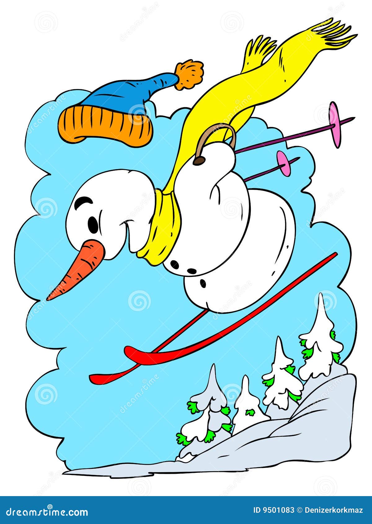 Skiing Snowman stock vector. Illustration of hill, trees - 9501083