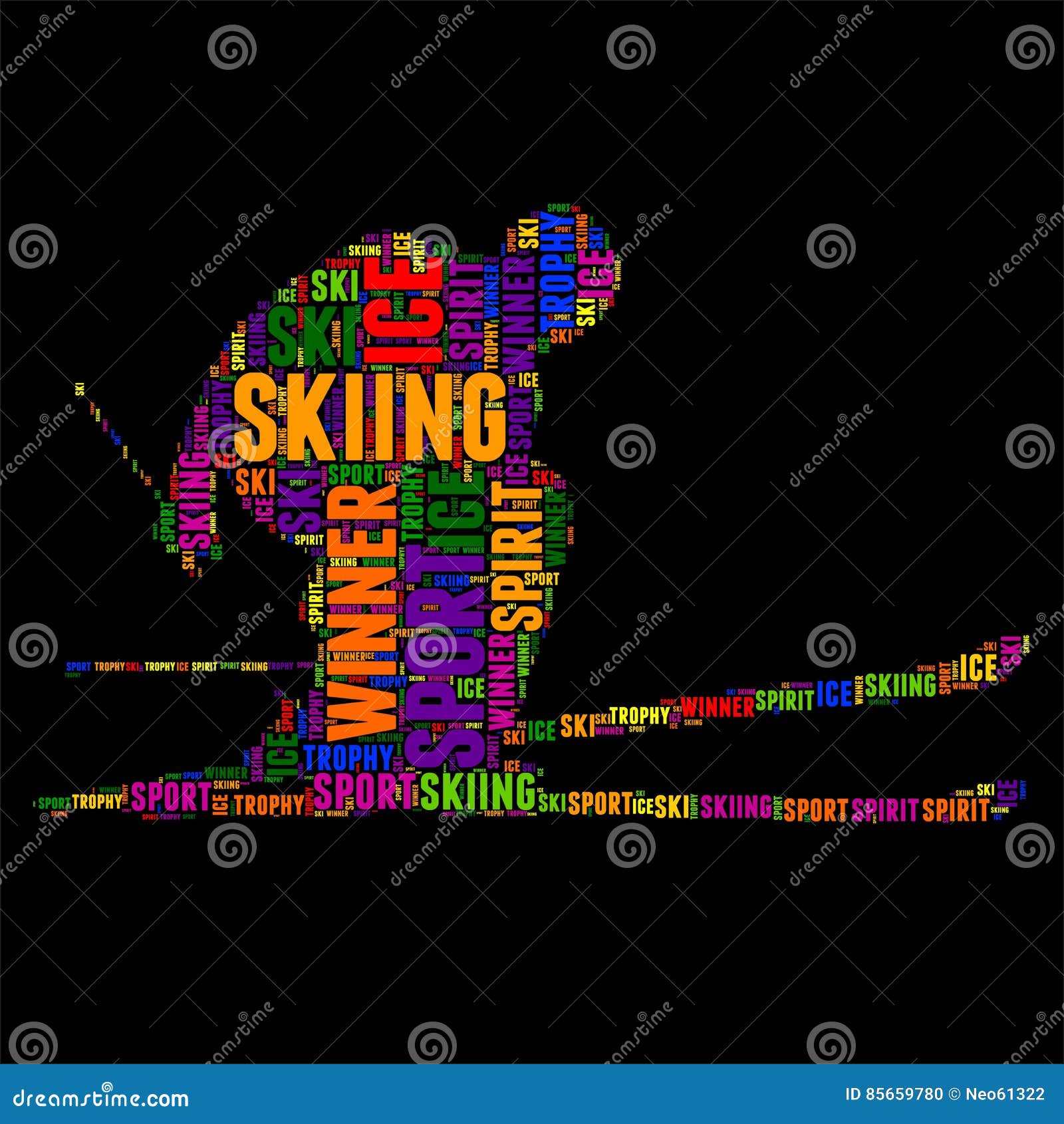 Skiing Typography Word Cloud Colorful Vector Illustration Stock Vector ...