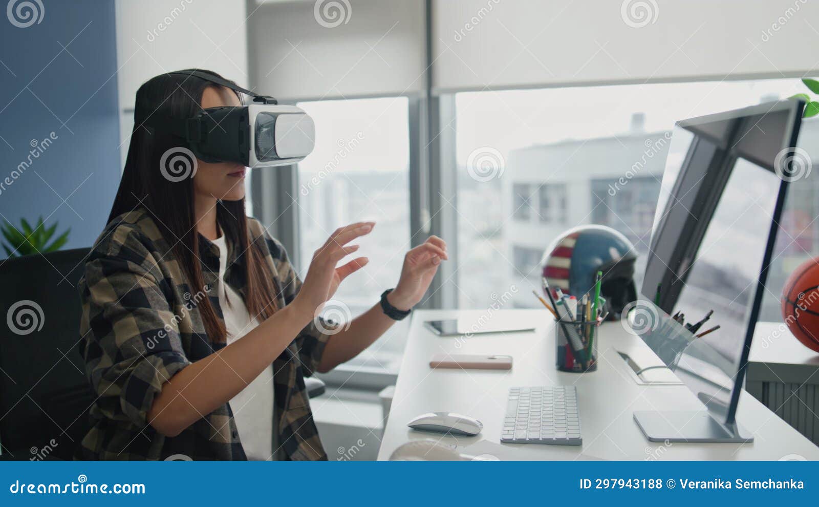 Skilful Designer Touching Vr Objects at Modern Interior. Woman Testing ...