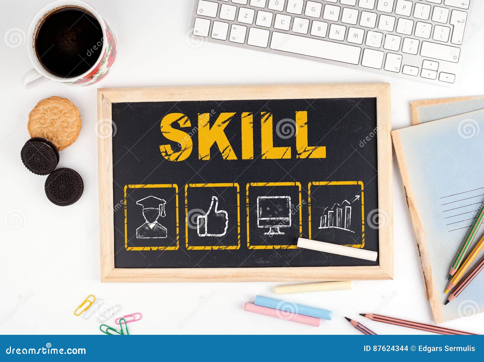 Skill Business Concept. Chalkboard on White Office Desk Stock Photo ...