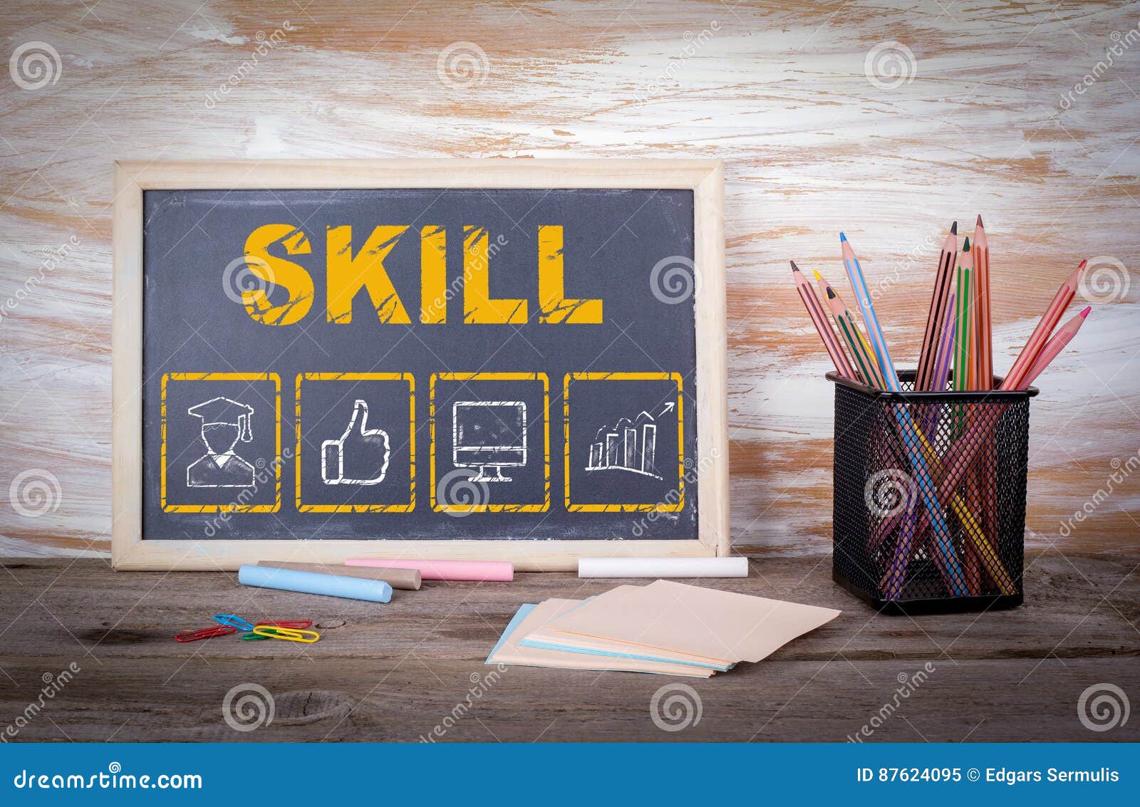 Skill Business Concept. Old Wooden Table with Texture Stock ...