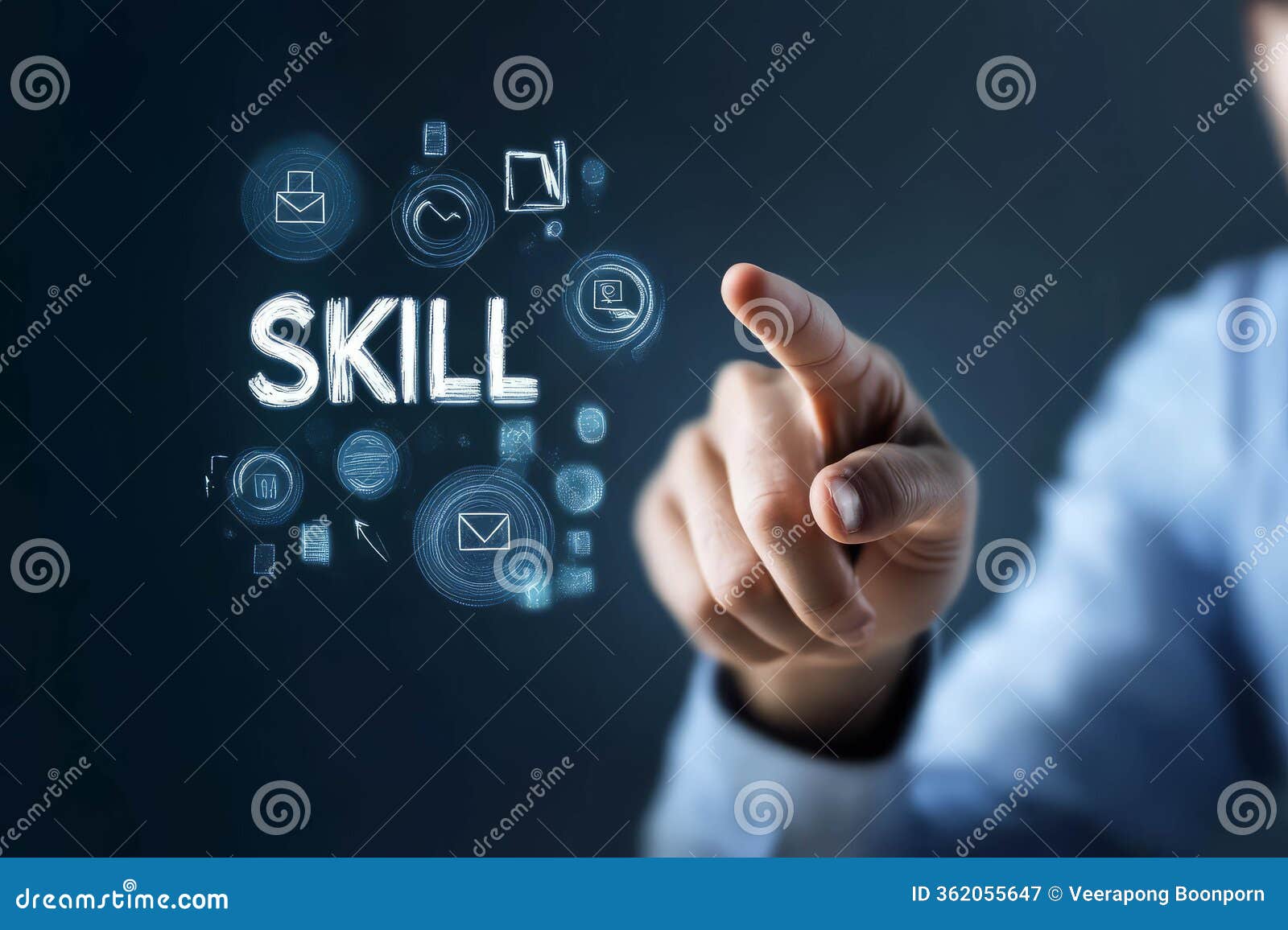 Skill Development Concept with Digital Icons and Hand Pointing Stock ...