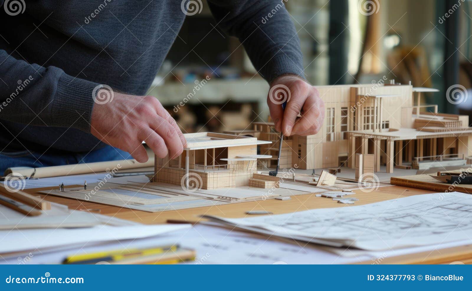 Skilled Architect Engineer Building or Working on House Model at Studio ...