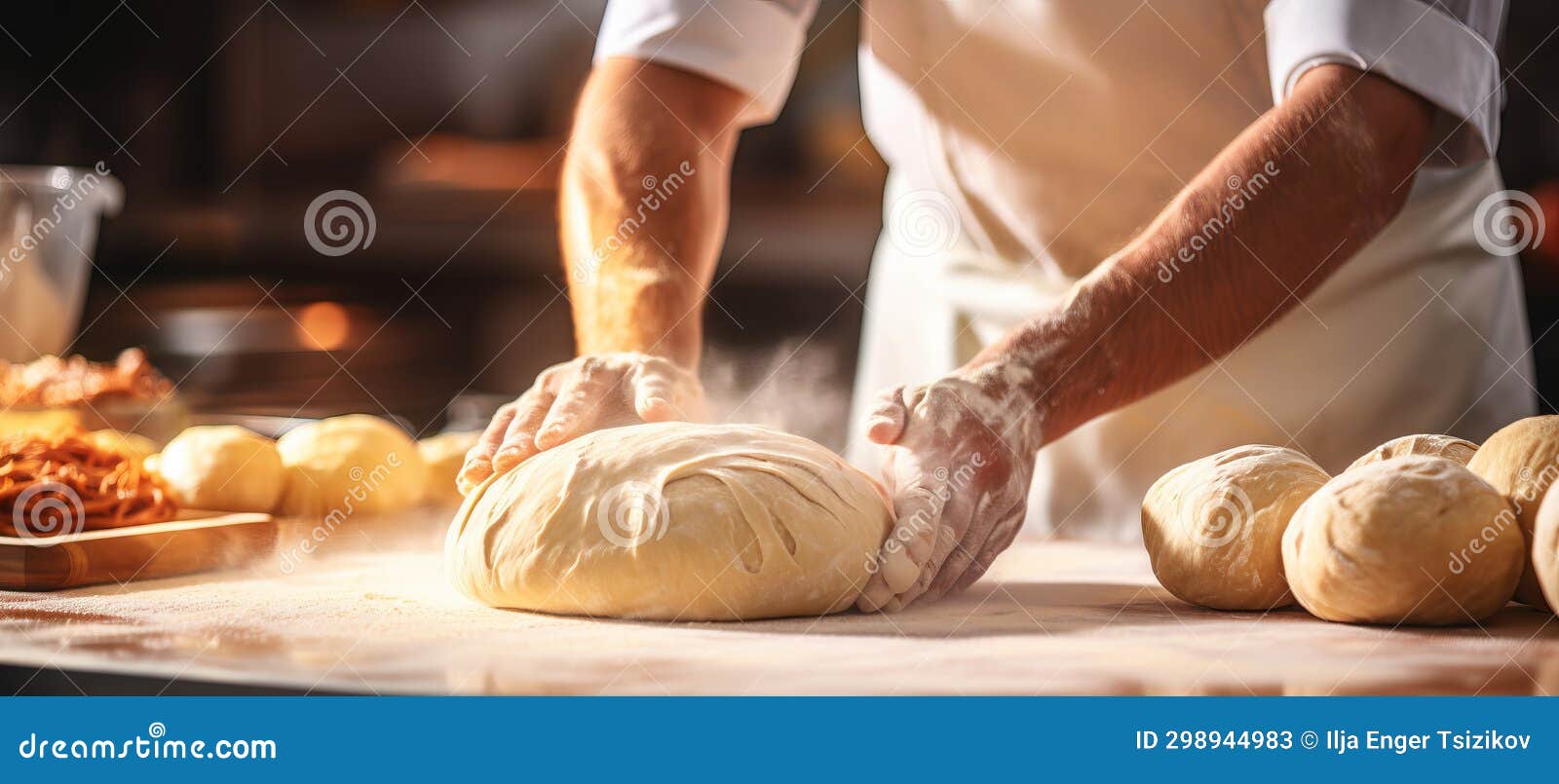 Skilled Baker Kneading Dough in Bakery for Bread Baking Bright Photo ...