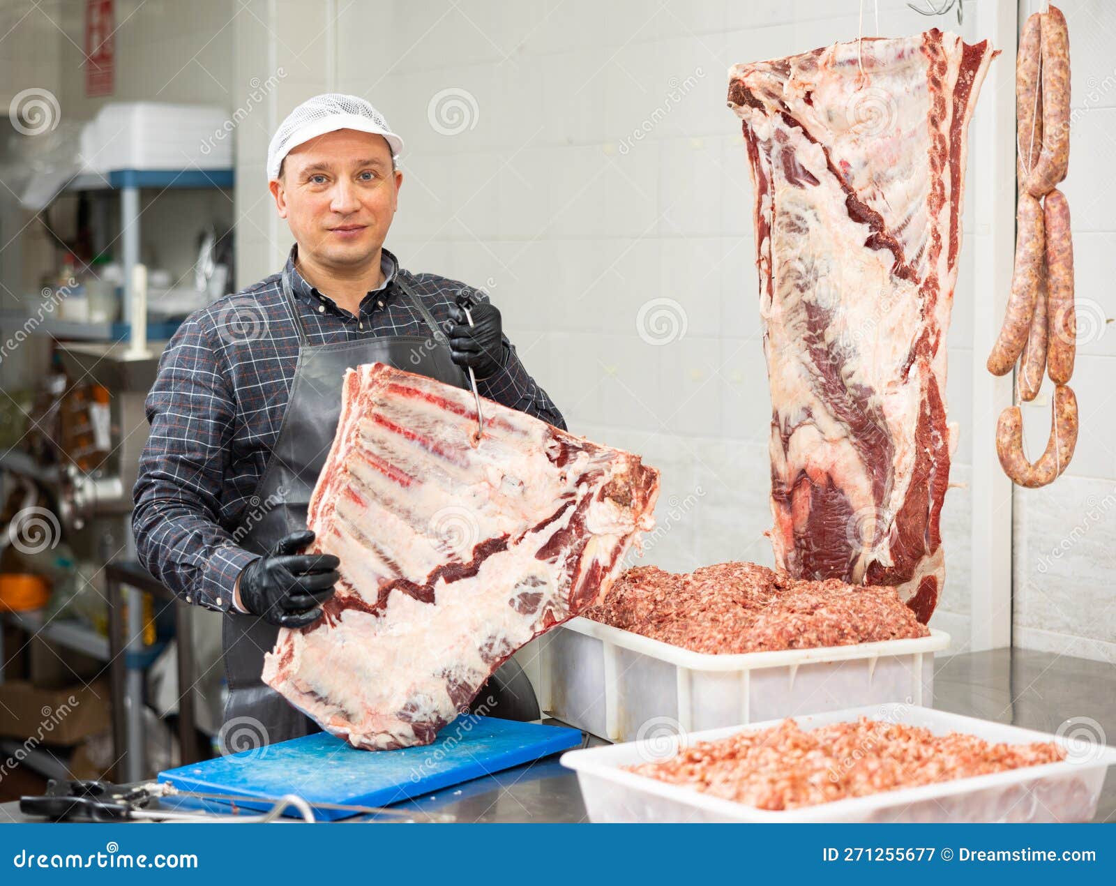 Butchery Worker Preparing Fresh Raw Veal Ribs for Packaging Stock Image ...