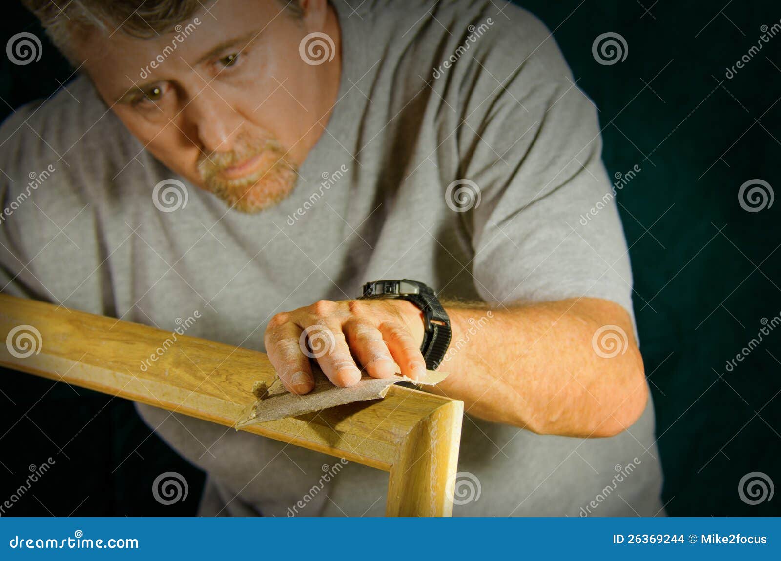 Skilled Carpenter Man Sanding Wood Frame Stock Photo - Image of home ...