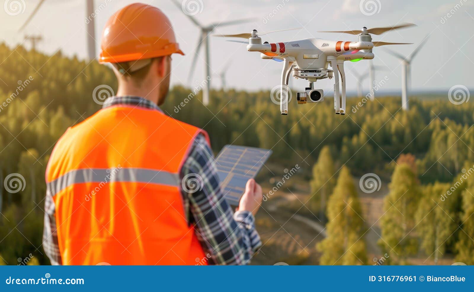 Engineer Exploring and Inspecting Area with Wind Mill by Using Drone ...