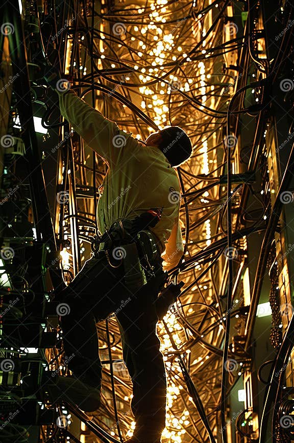 Skilled Electrician Expertly Navigating through Cables, Efficiently ...