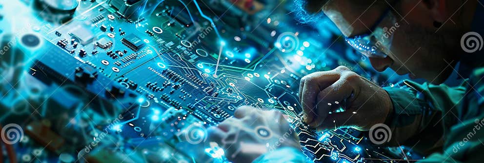 Engineer Working on Complex Circuit Board with Futuristic Technology a Skilled Engineer is ...