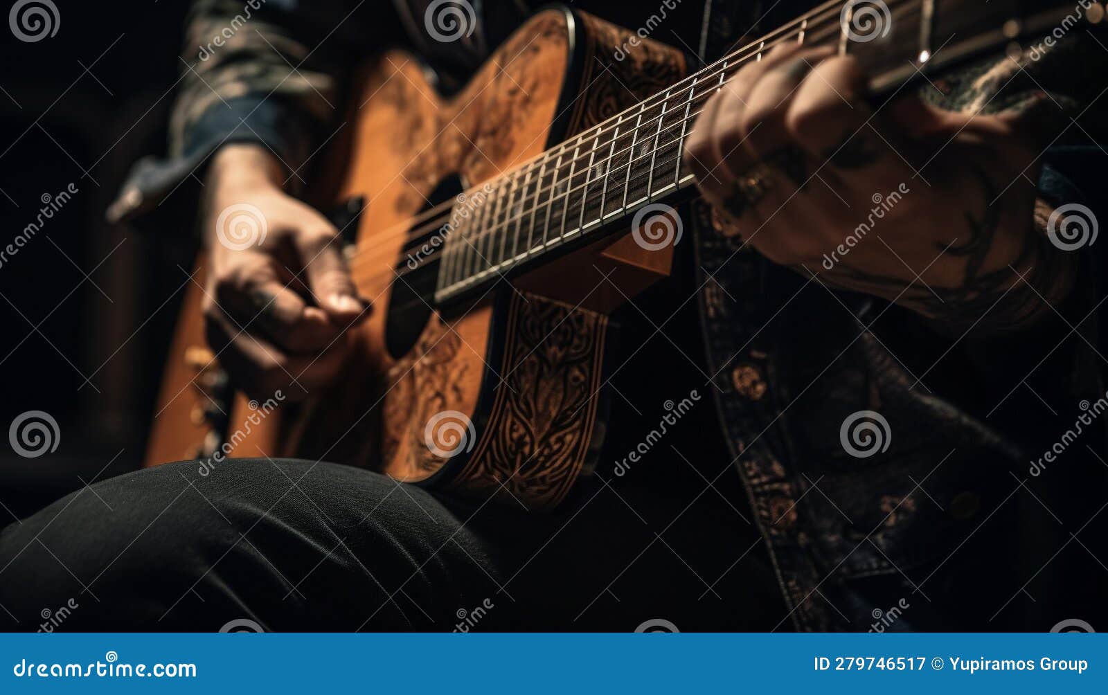 A Skilled Guitarist Plucking Strings on an Acoustic Instrument ...