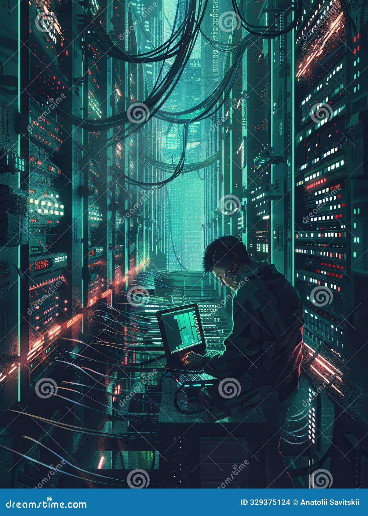 A Skilled Hacker Analyzes Data on a Laptop, Surrounded by Glowing ...