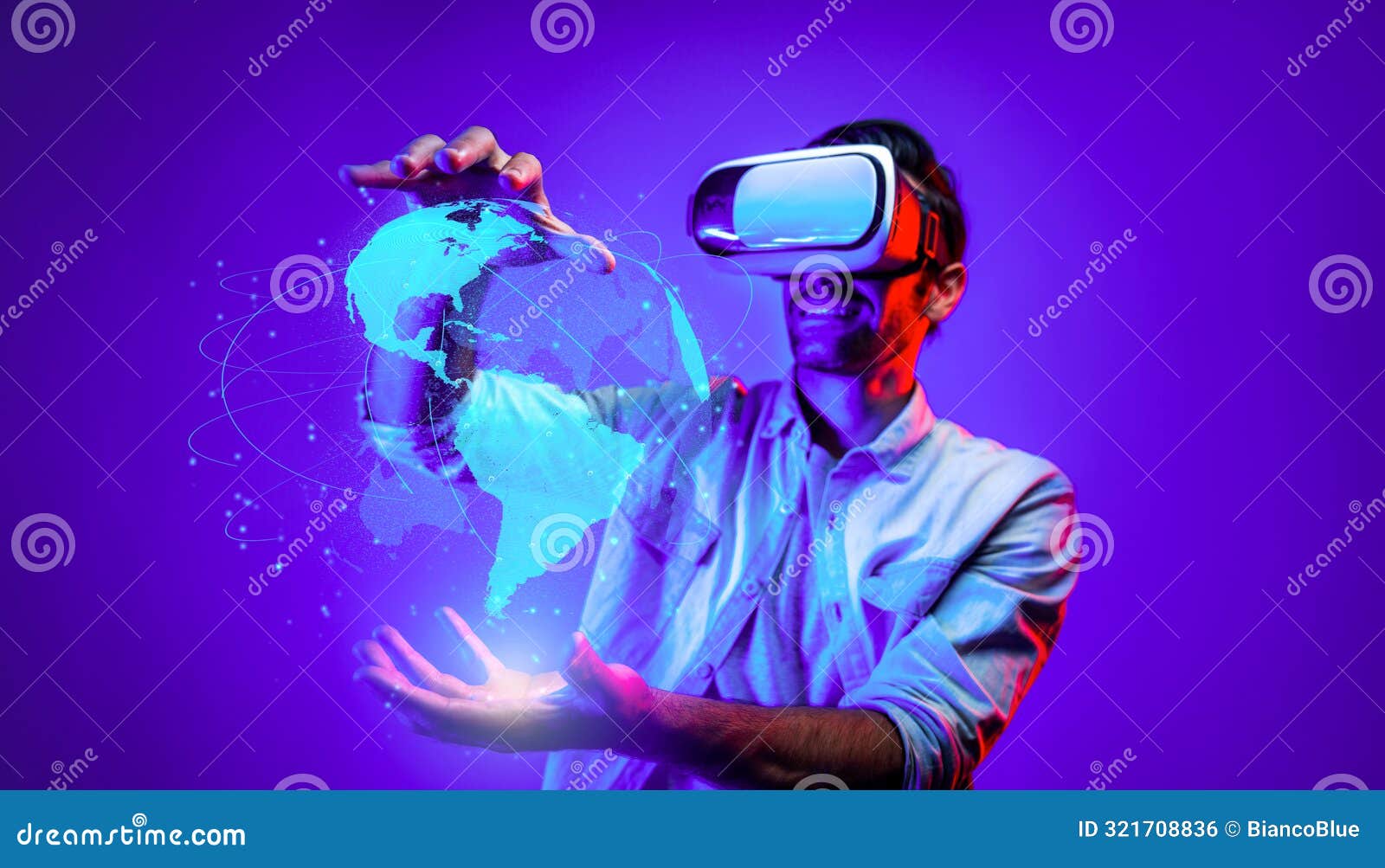 Skilled Man Using VR Goggle To Connect Global Network Connection ...