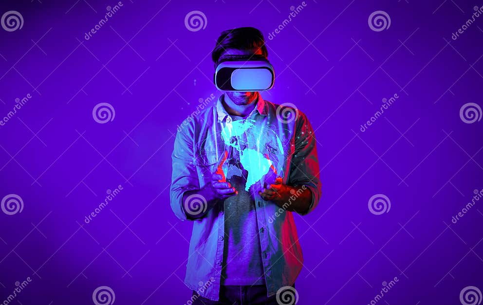 Skilled Man Using VR Goggle To Connect Global Network Connection ...